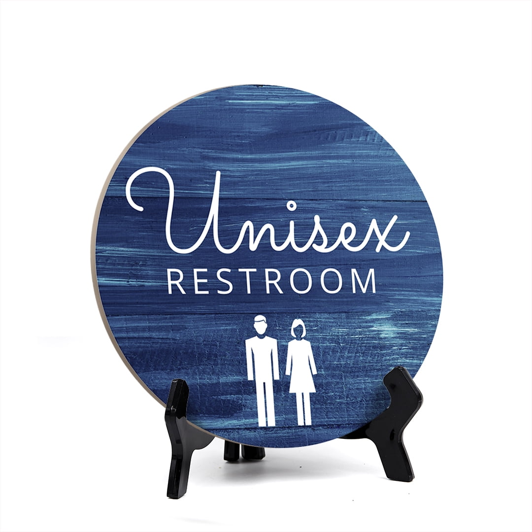 Round Unisex Restroom, Washed Blue Wood Color Bathroom Table Sign with ...