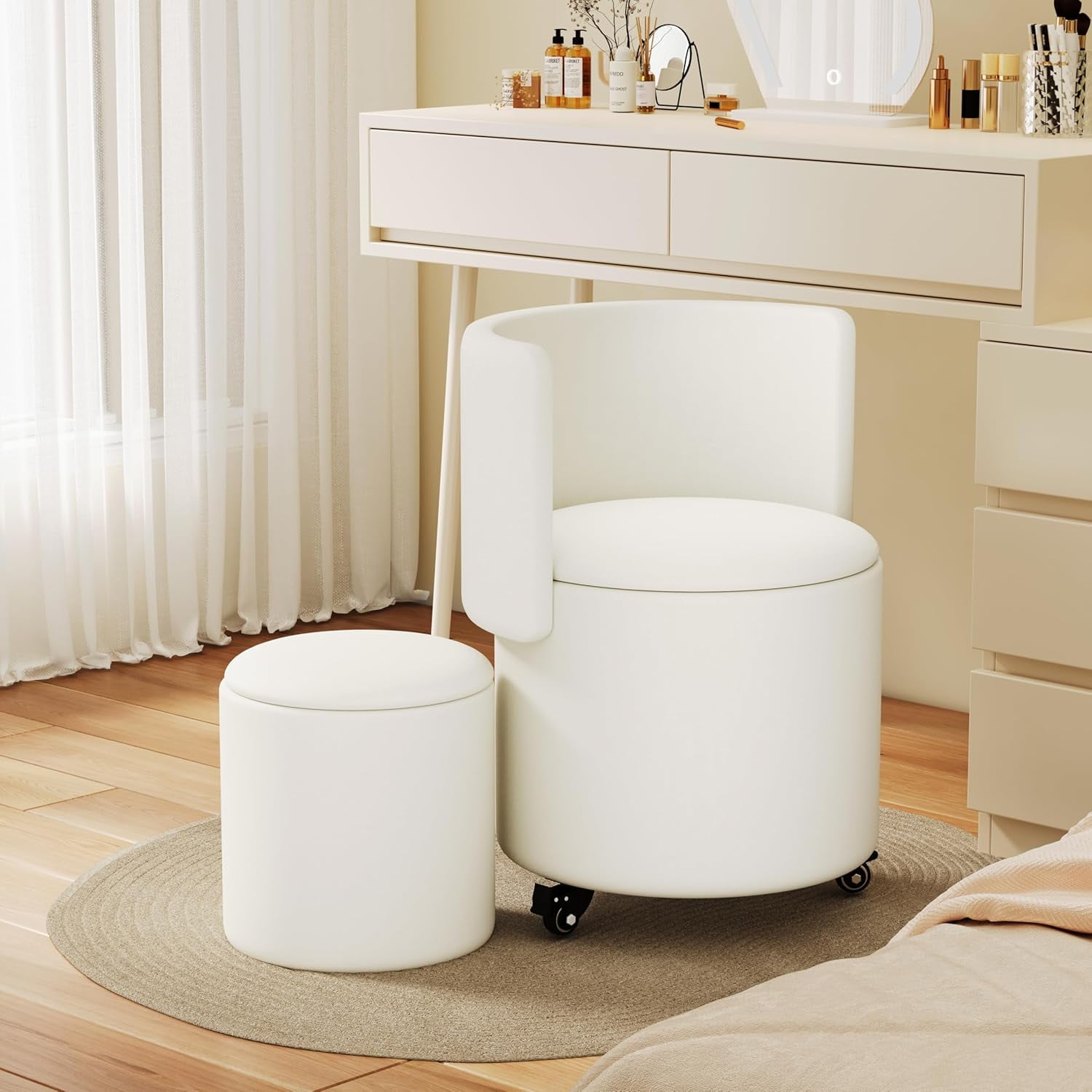 Round Vanity Chair with Storage, Rolling PU Leather Swivel Work Makeup ...