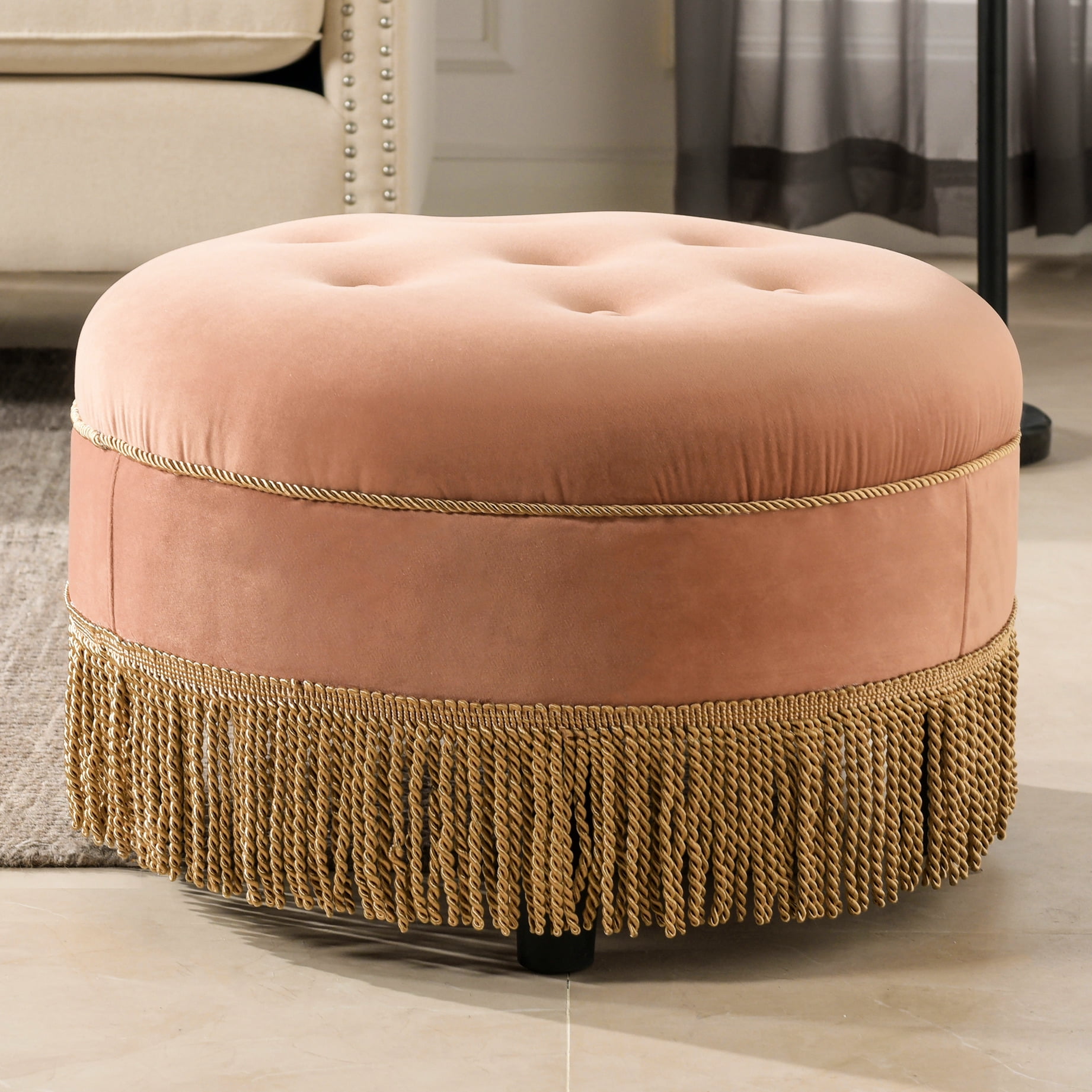 Round Velvet With Gold Trim, Peach Orange. Expert Craftsmanship. Wood ...