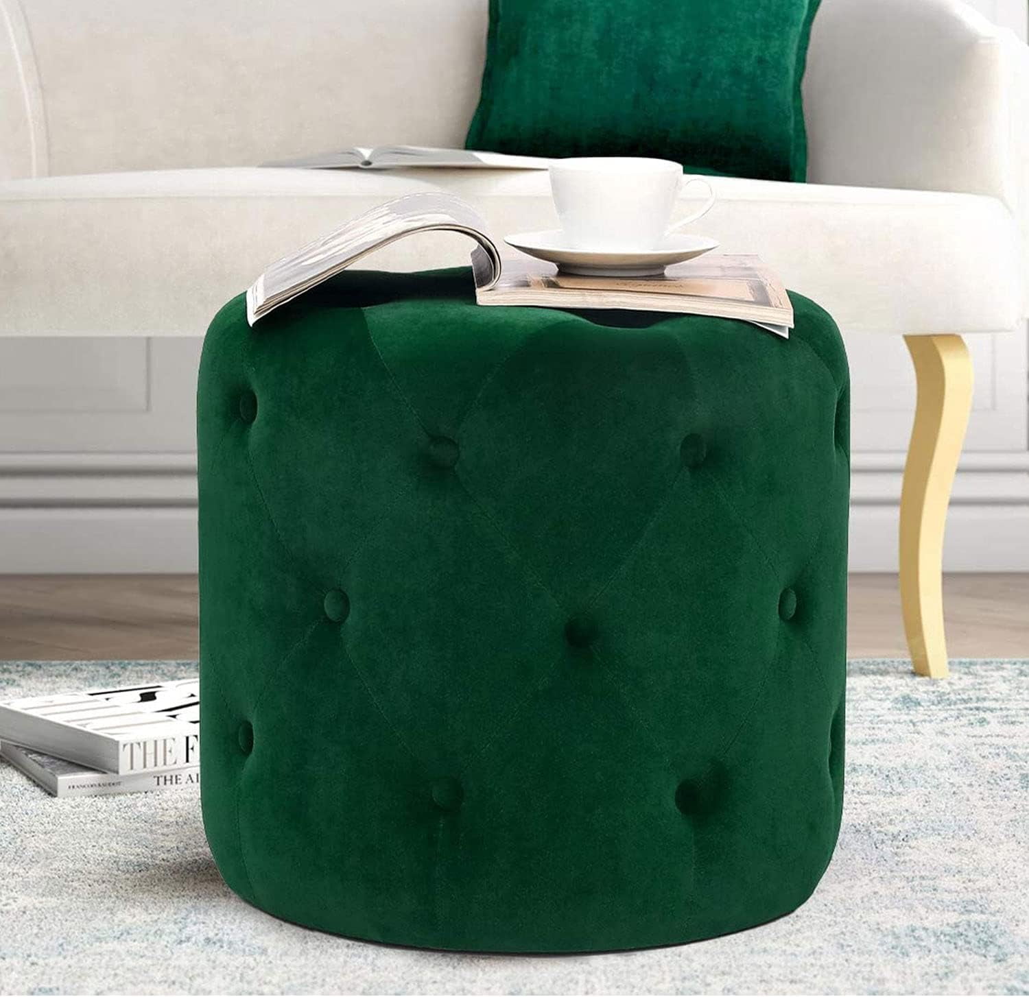 Round Velvet Ottoman Foot Stool Upholstered Padded Make-up Vanity Stool ...
