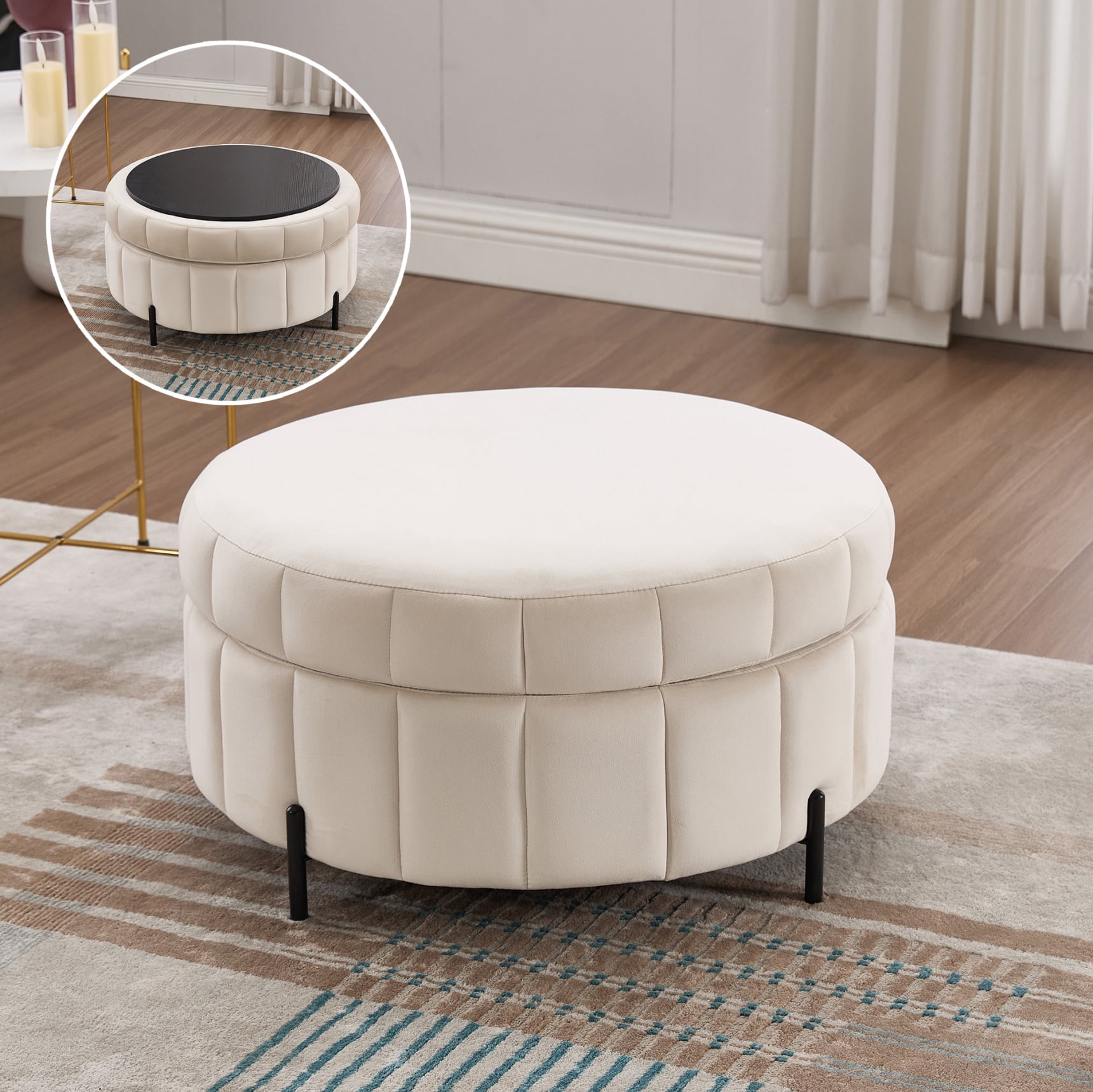 Round Velvet Ottoman with Reversible Lid, Channel Tufted Pumpkin ...