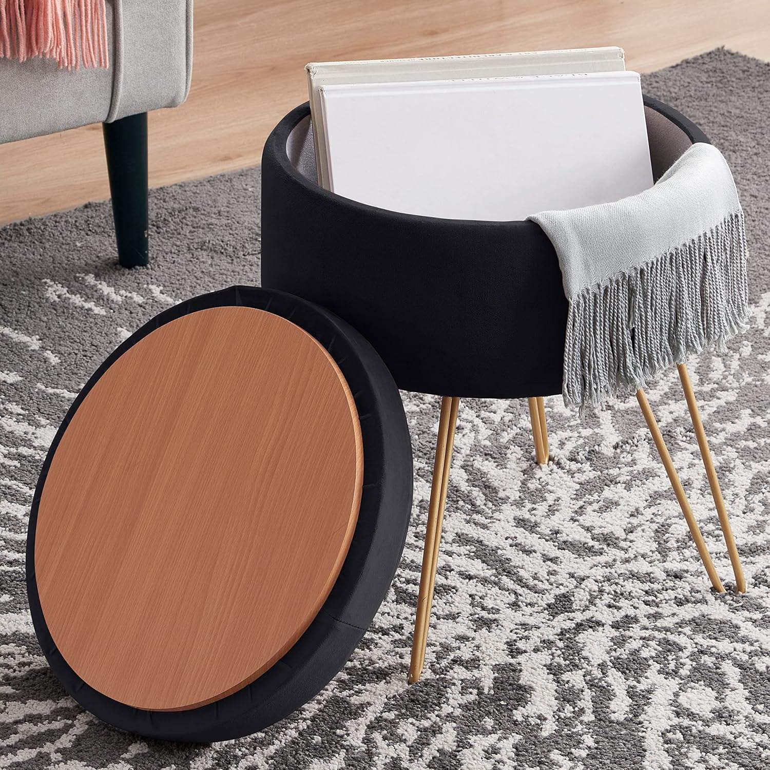 Round Velvet Ottoman with Gold Metal Legs, Storage Foot Rest Stool ...