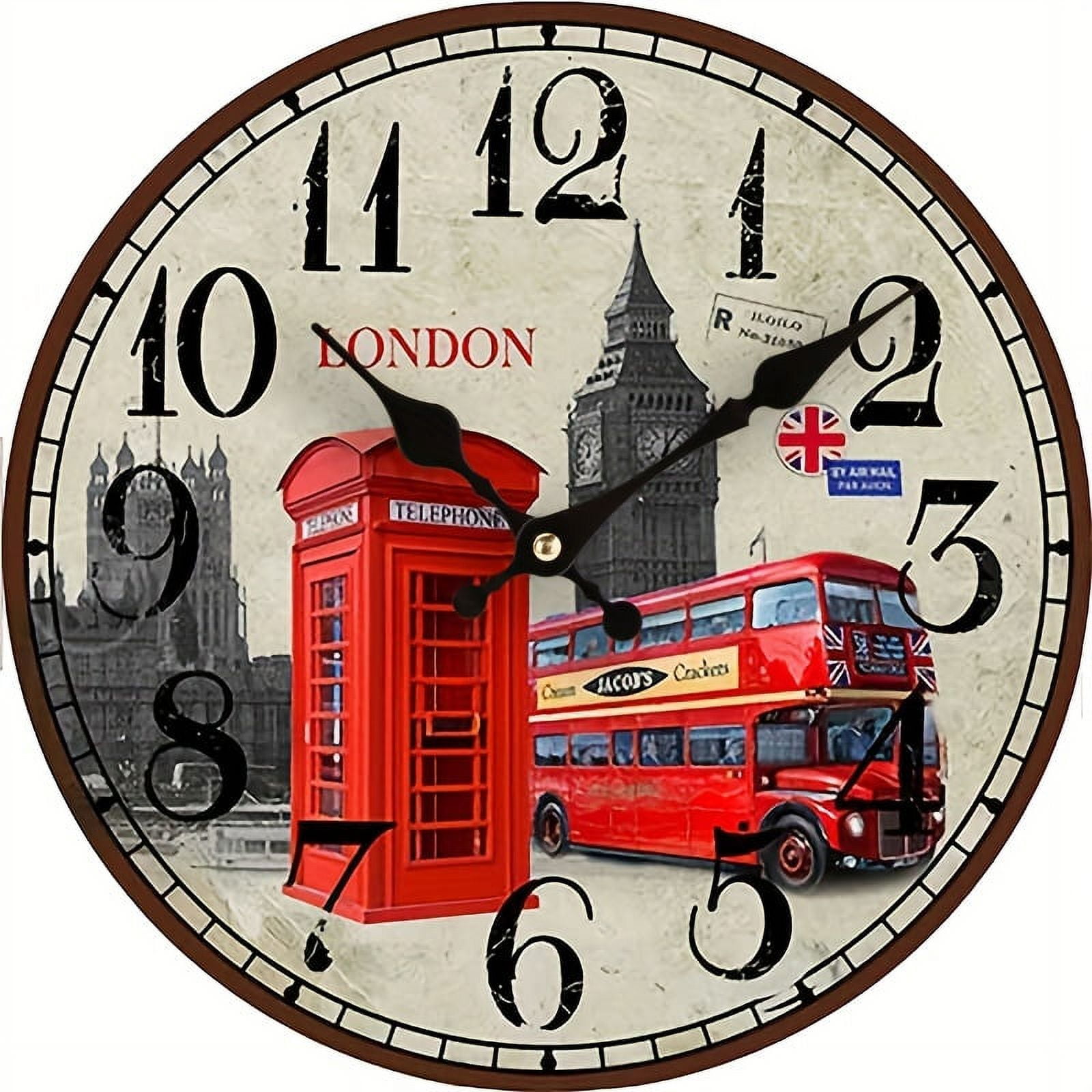 Round Vintage London Big Ben Red Bus Telephone Box Wood Wall Clock ...