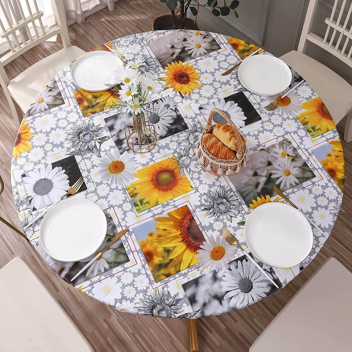Round Vinyl Fitted Tablecloth with Flannel Backing Elastic Edge Design ...