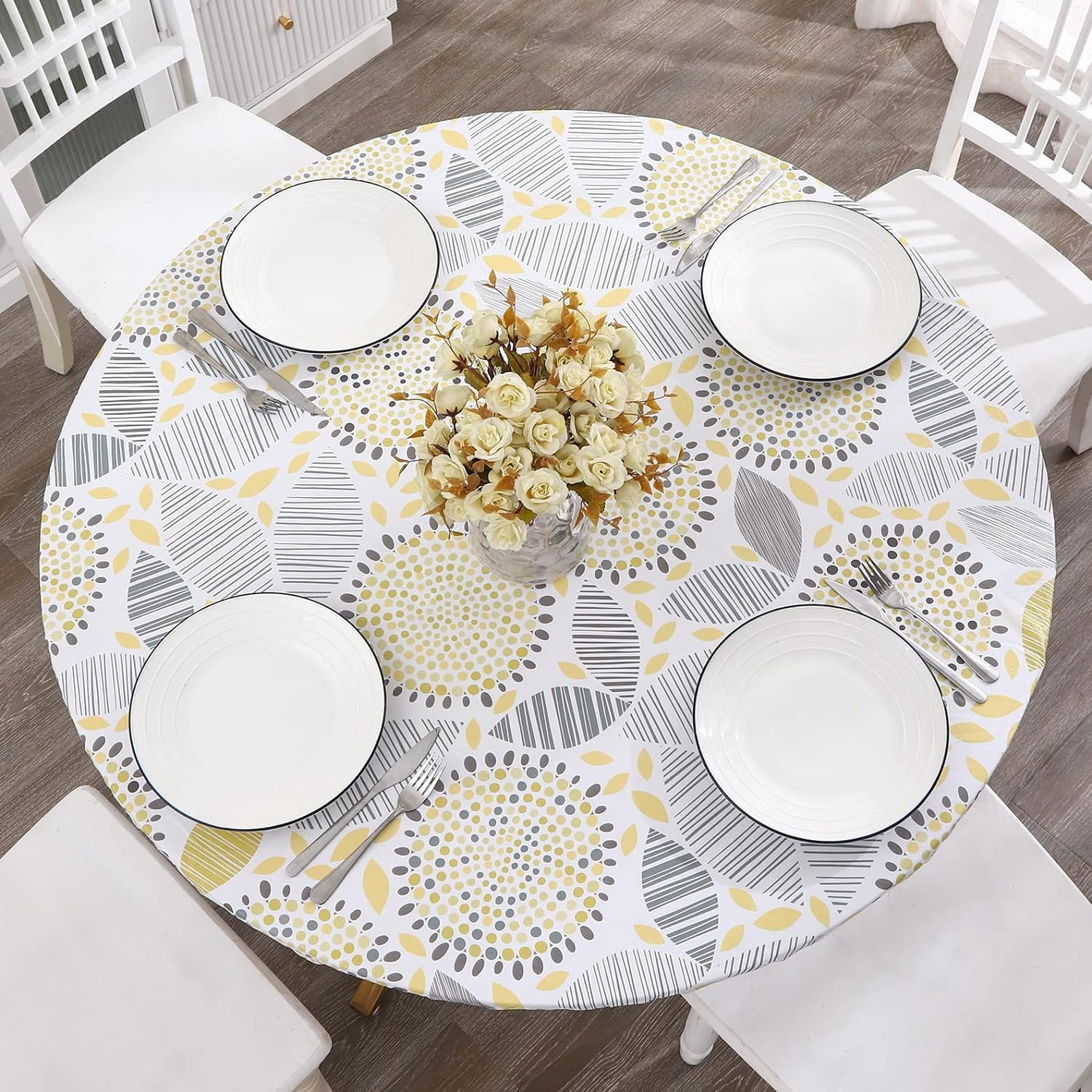 Round Vinyl Fitted Tablecloth with Flannel Backing Elastic Edge Design ...