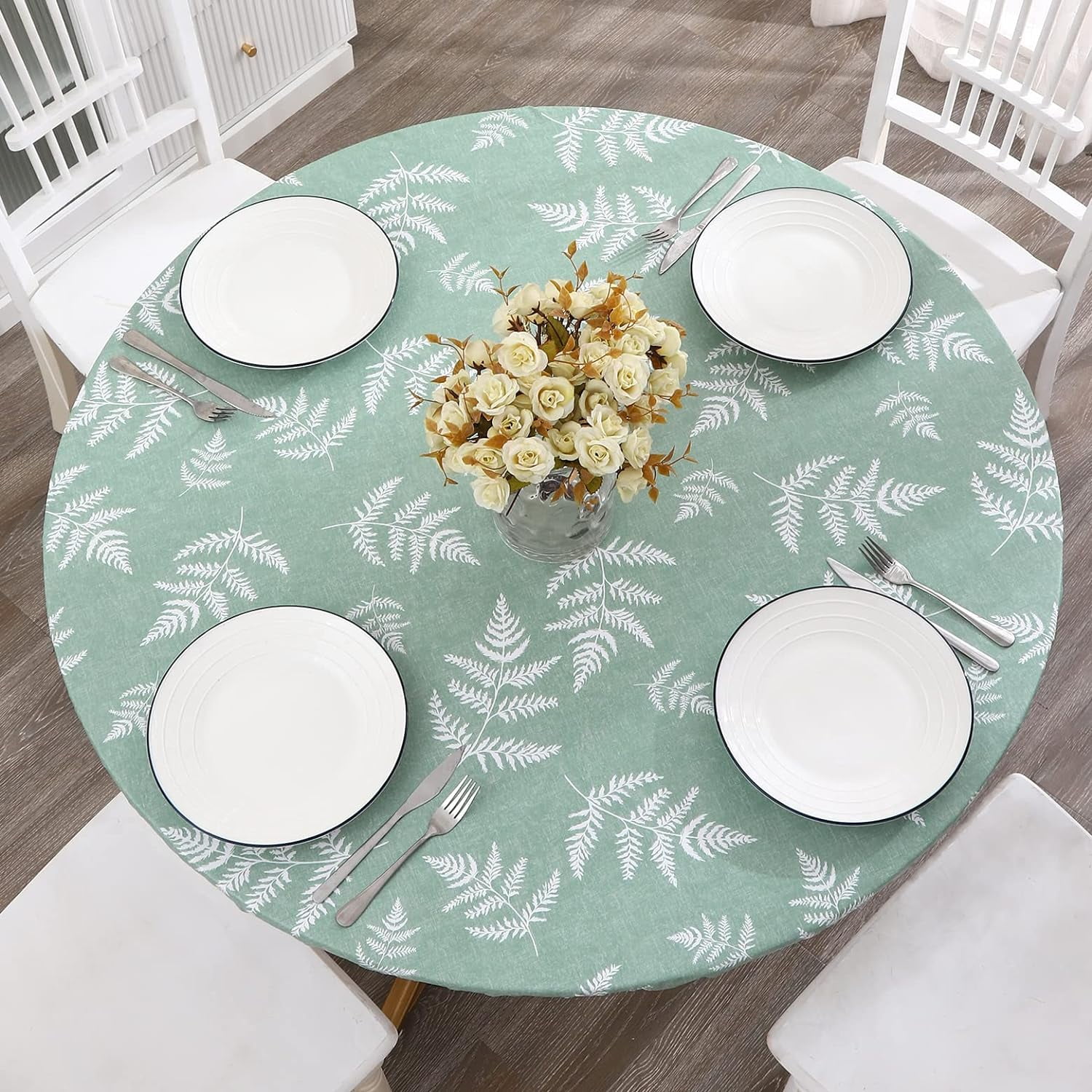 Round Vinyl Fitted Tablecloth with Flannel Backing Elastic Edge Design ...