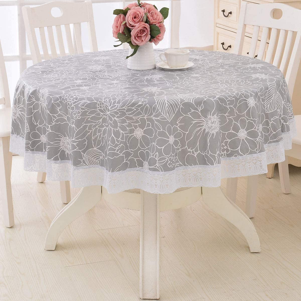 Round Vinyl Oilcloth Lace Tablecloth Waterproof PVC Plastic Wipeable ...
