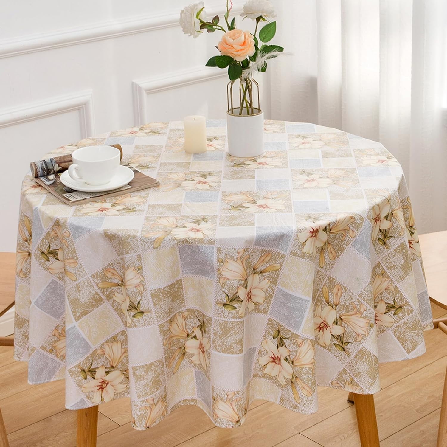 Round Vinyl Tablecloth, 60 Inch Waterproof Vinyl Tablecloths with ...