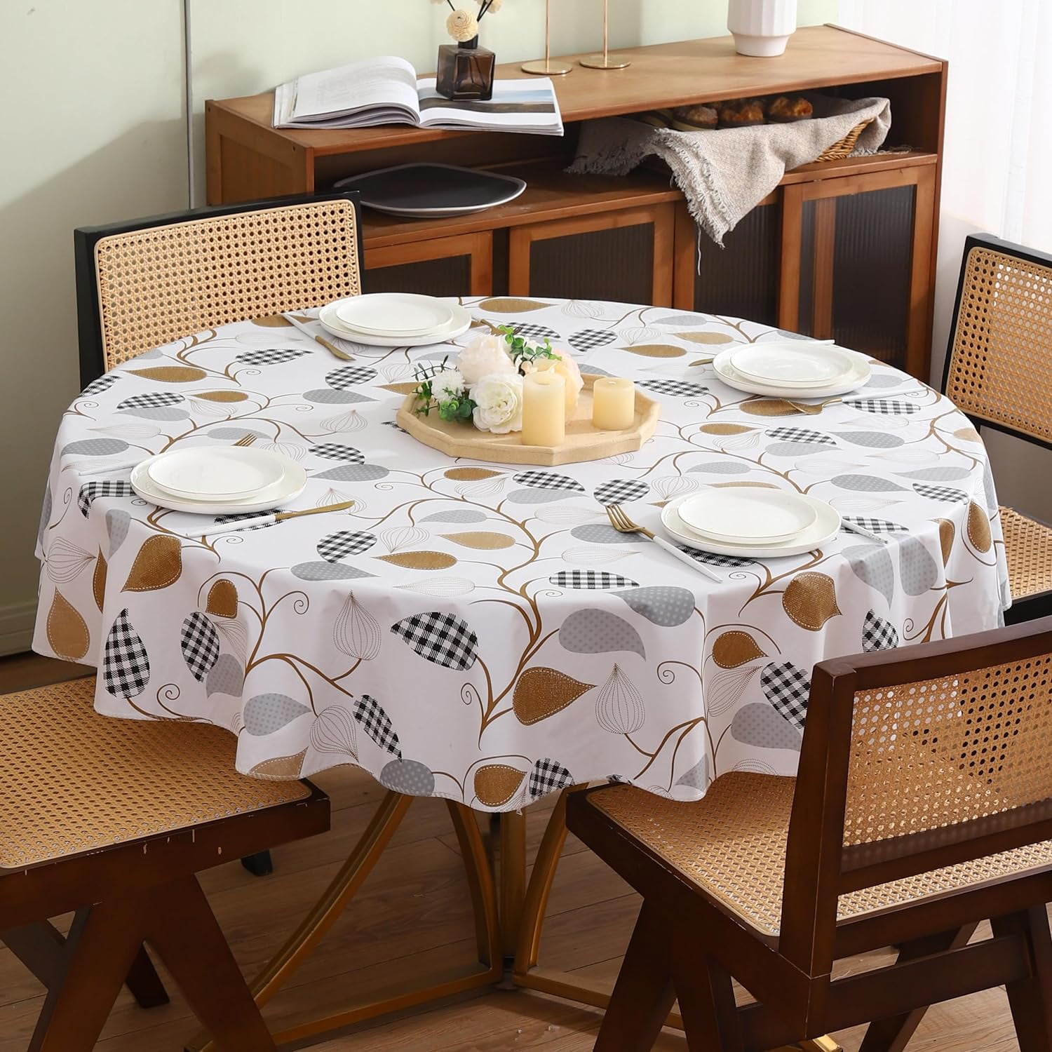 Round Vinyl Tablecloth with Flannel Backing Waterproof Oil-Proof PVC ...