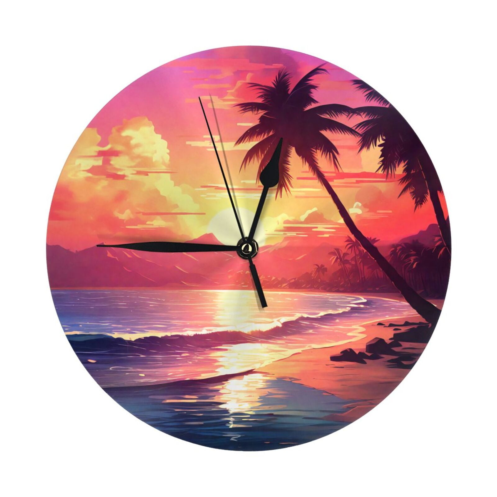 Round Wall Clock Beach Wave Sunset Coast Palm Tree Printed Decorative ...