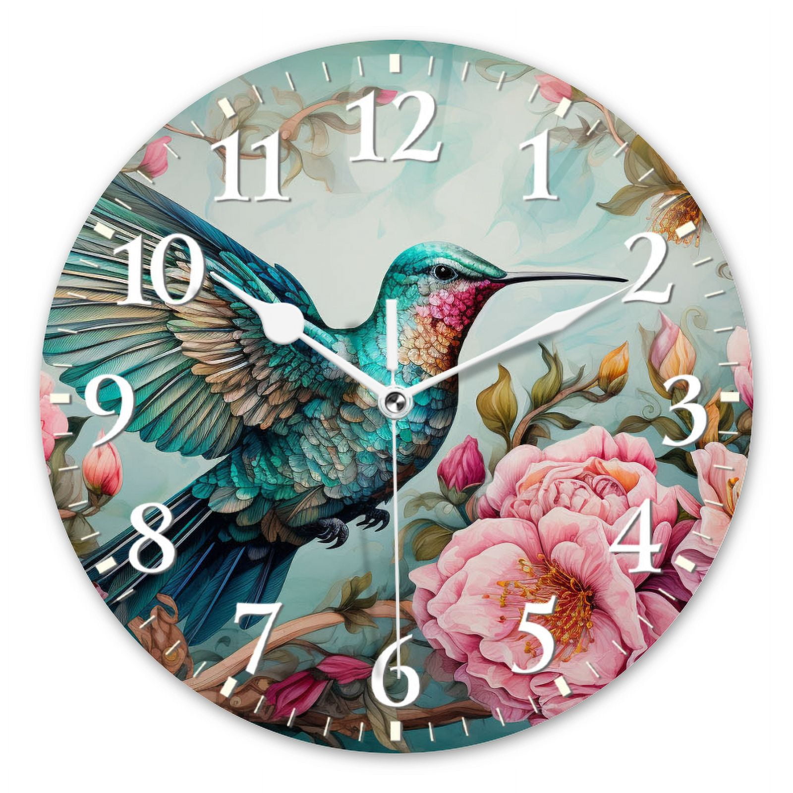 Round Wall Clock,Beautiful Hummingbird Surrounded By Pink Peonies And ...