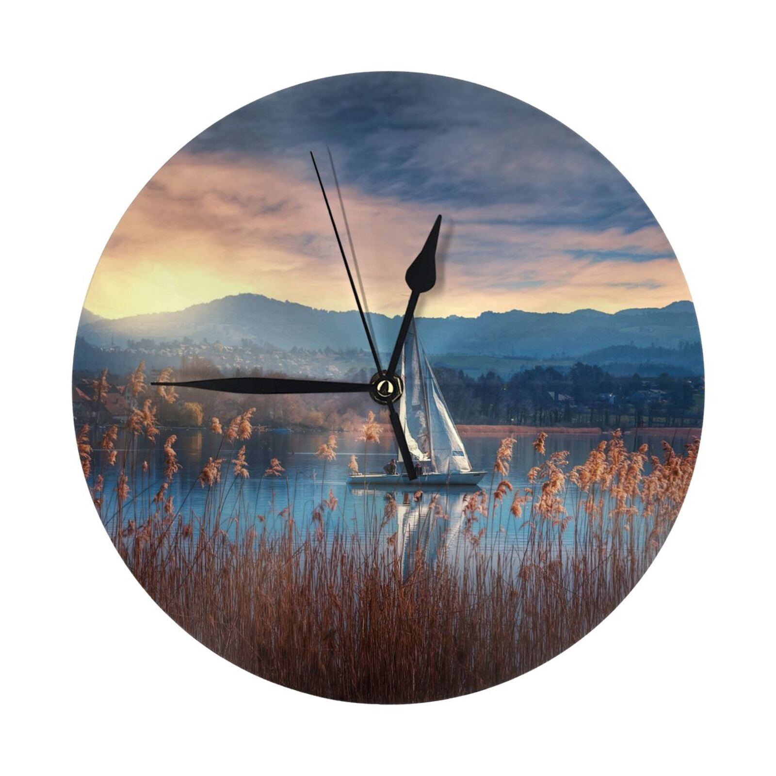 Round Wall Clock Boat Lake Sunrise Printed Decorative & Creative Dual ...