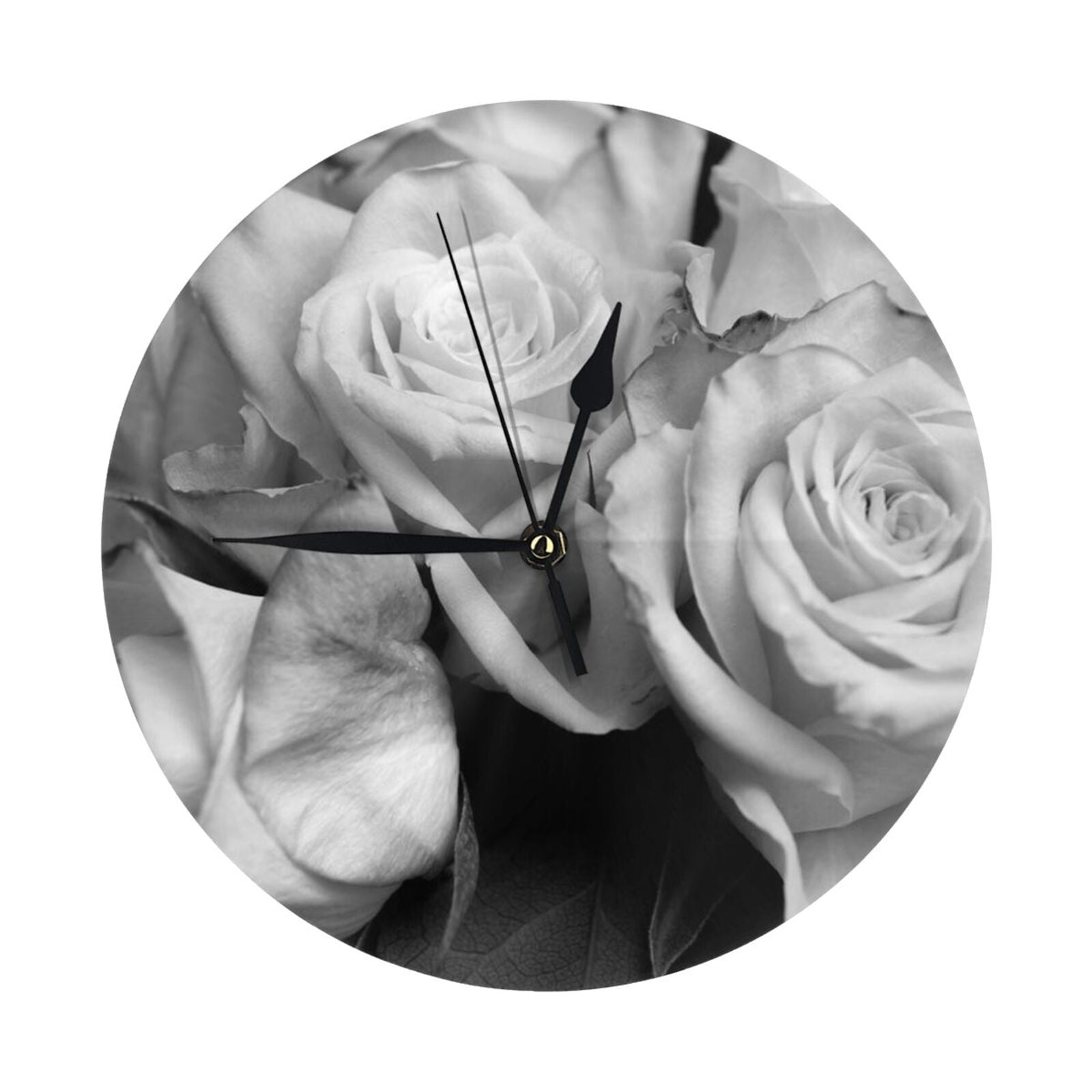 Round Wall Clock Bunch Of Roses Black And White Printed Decorative ...