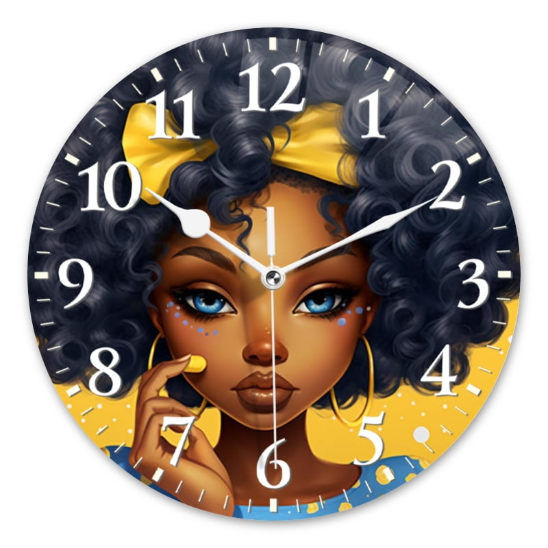 Round Wall Clock,Cartoon Portrait Of Beautiful Black Woman With Big ...