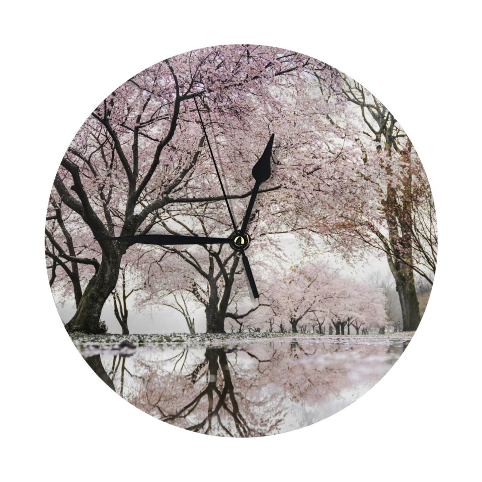 Round Wall Clock Cherry Blossom Trees Near River Printed Decorative ...