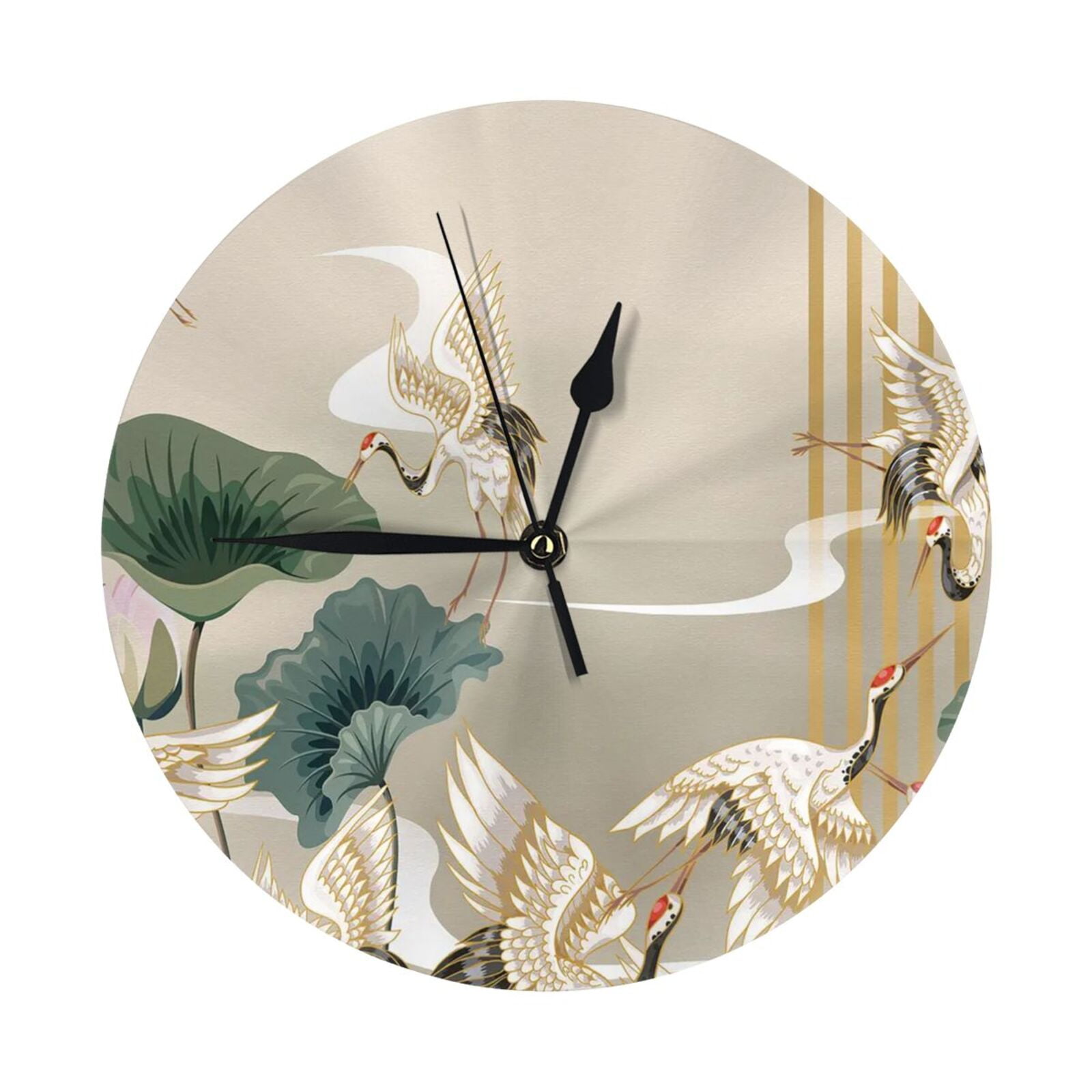 Round Wall Clock Chinese Crane Birds With Lotus Florals Printed ...
