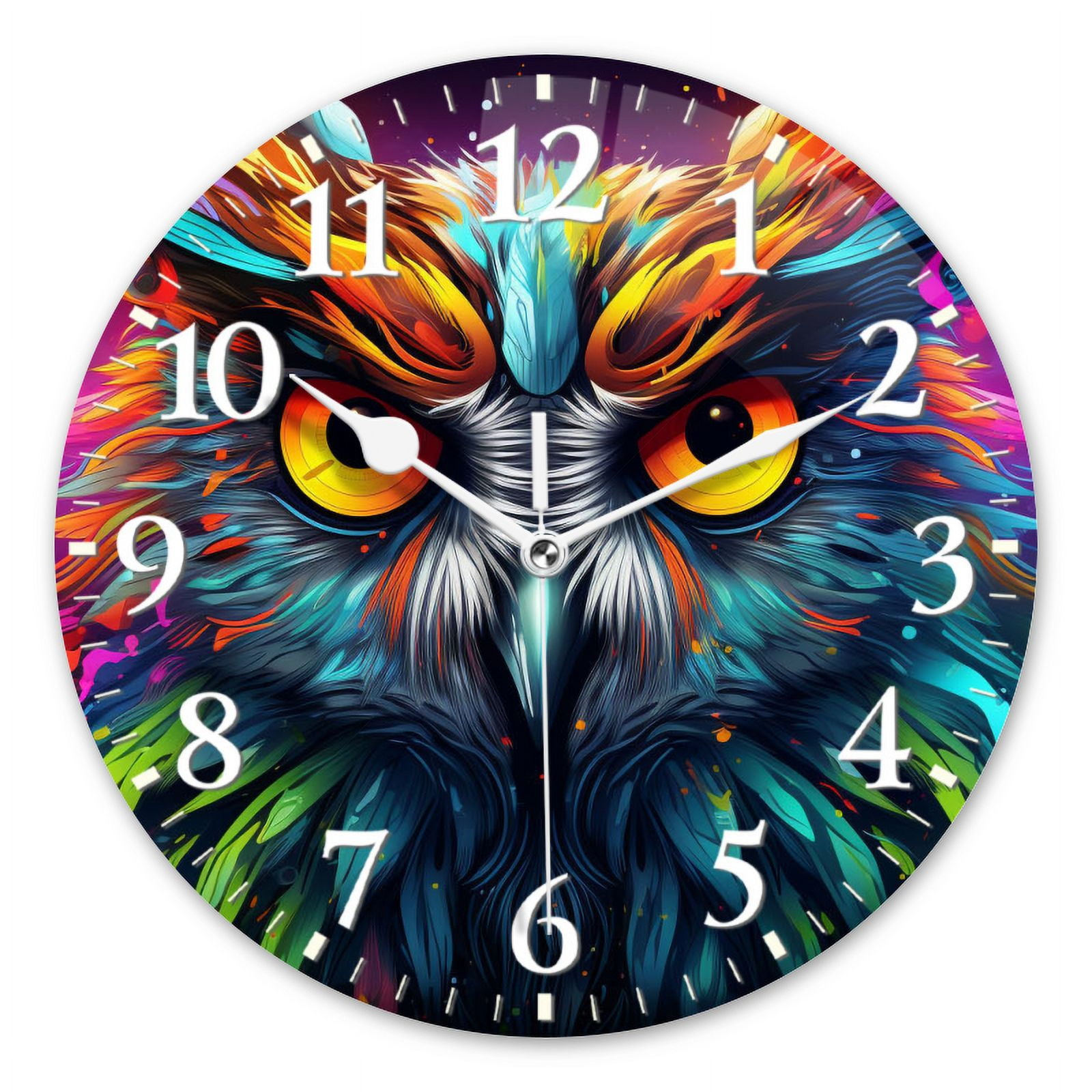 Round Wall Clock,Colorful Owl Face With Glowing Eyes On Dark Background ...