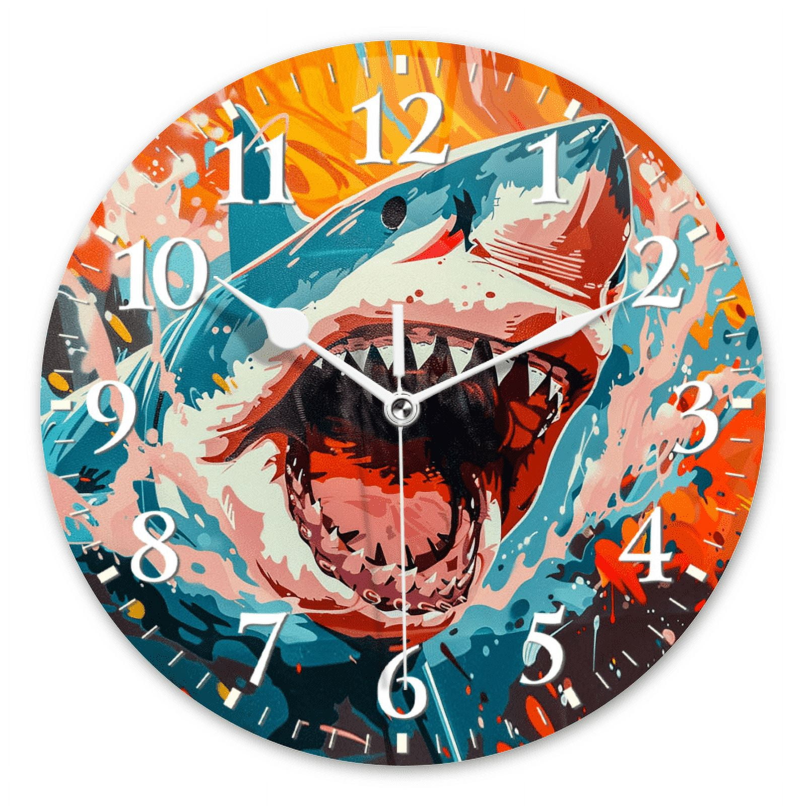 Round Wall Clock,Colorful Painting Of Aggressive Shark With Mouth Open ...