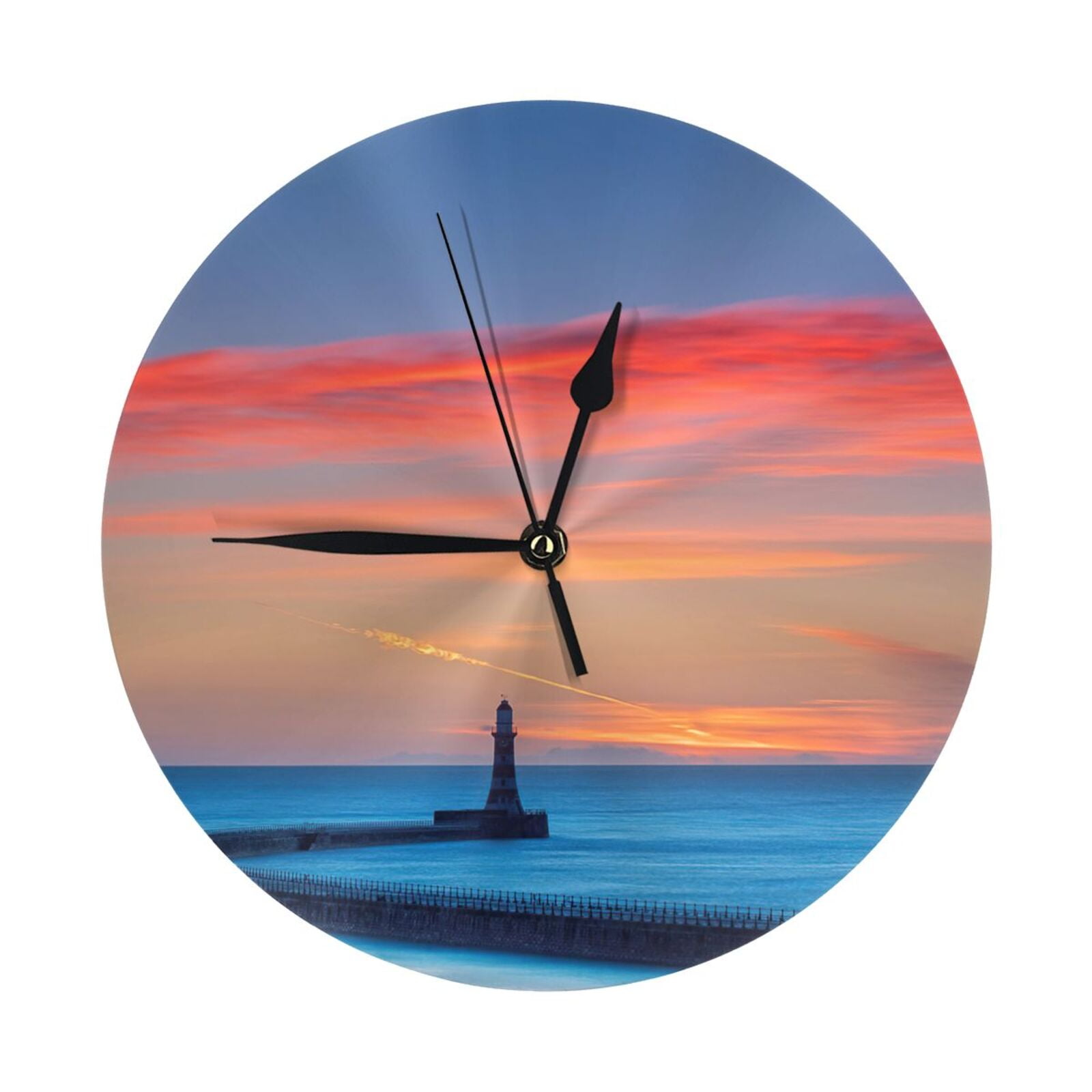 Round Wall Clock Colorful Sky Sea Lighthouse Printed Decorative ...