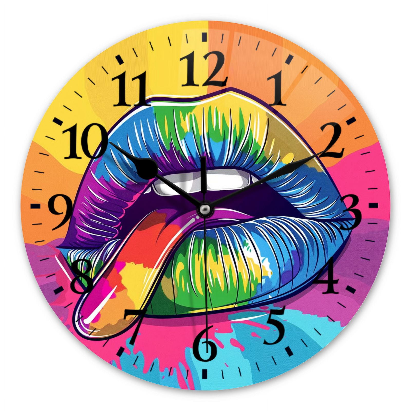 Round Wall Clock,Colorful Vector Art Of Lips With Tongue Sticking Out ...