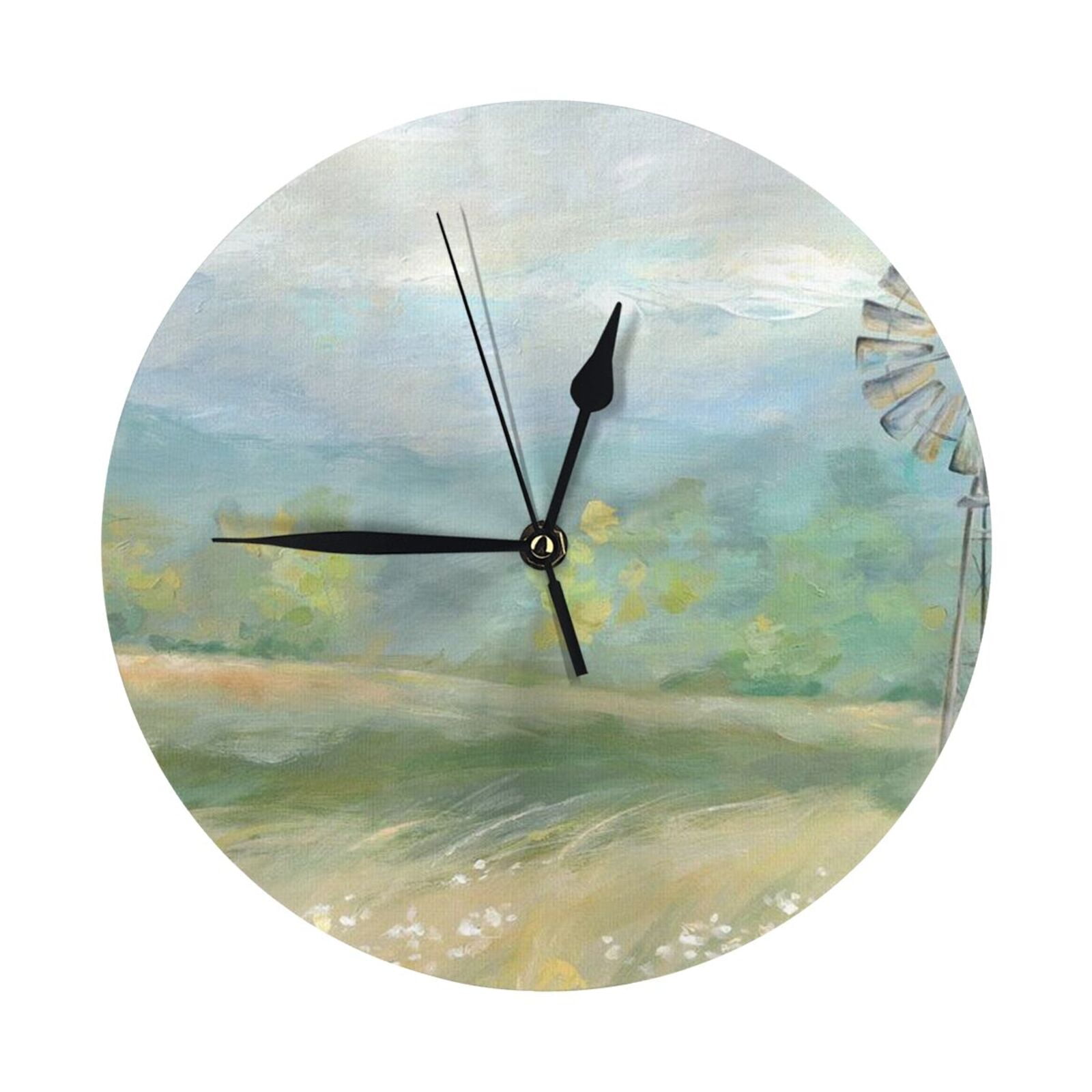 Round Wall Clock Country Meadow Windmill Landscape Printed Decorative ...