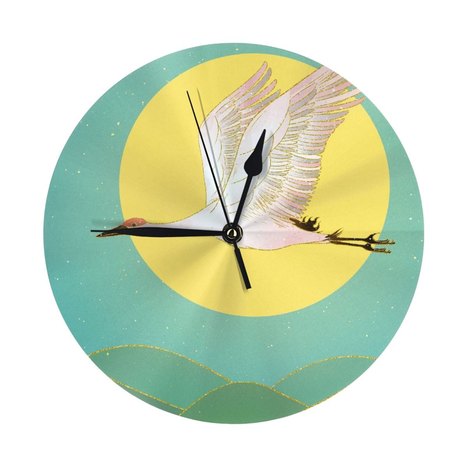 Round Wall Clock Crane Flying Moon Sky Night Bird Printed Decorative ...