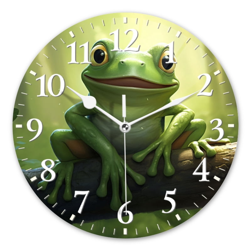 Round Wall Clock,Cute Cartoon Frog Sitting On The Branch Of Tree In ...