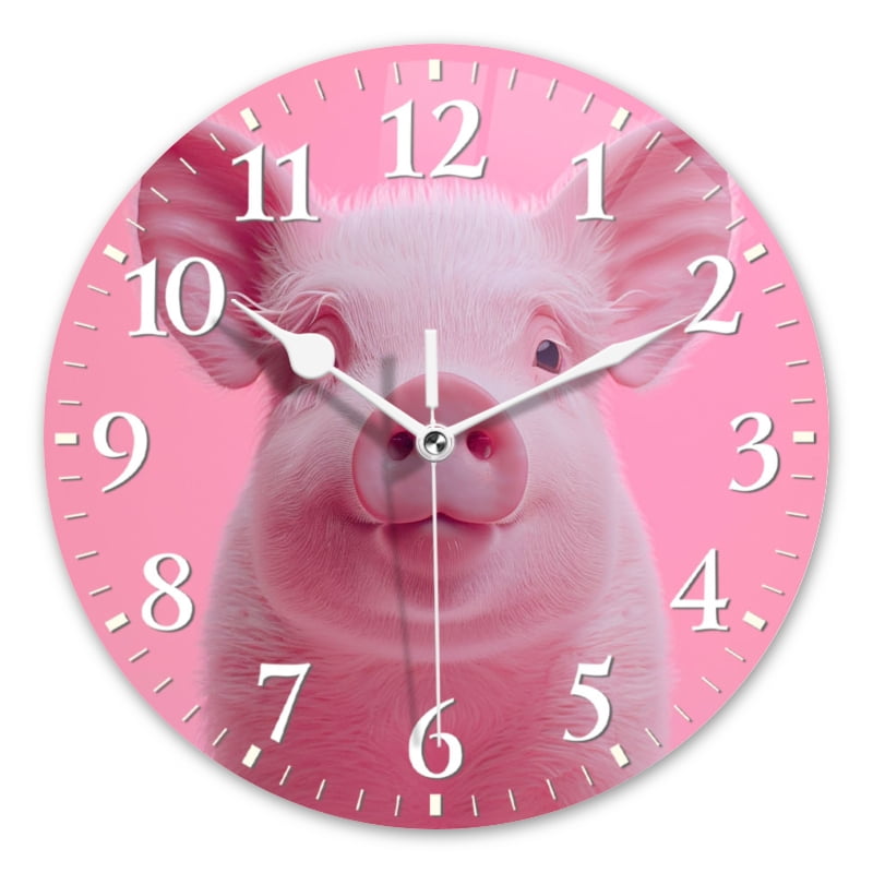 Round Wall Clock,Cute Pink Piglet With Smiling,Silent Non-Ticking Wall ...