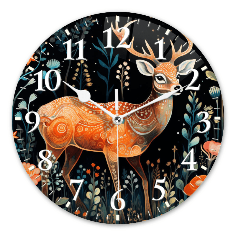 Round Wall Clock,Deer In The Night Garden Surrounded By Flowers,Silent ...