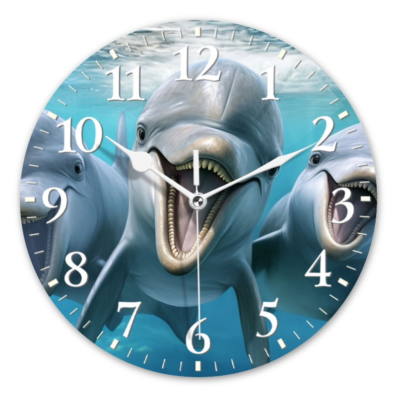 Round Wall Clock,Dolphins Swimming Displaying Teeth And Appearing To ...