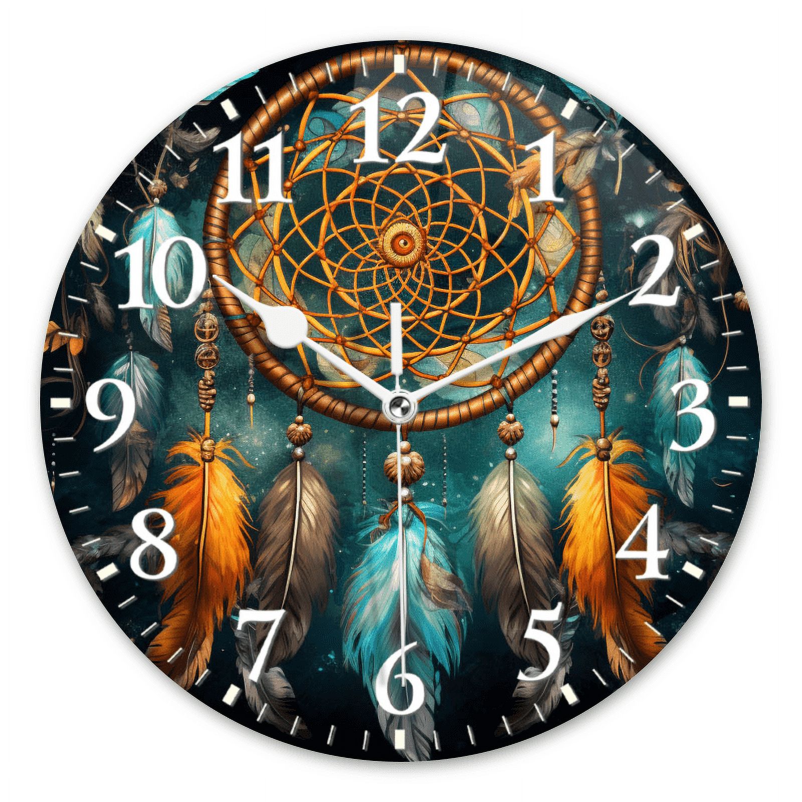 Round Wall Clock,Dreamcatcher With Feathers And Beads,Silent Non ...