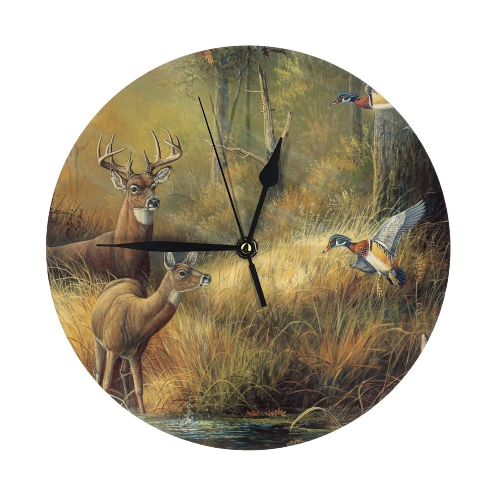 Round Wall Clock Duck And Moose In The Forest Printed Decorative ...