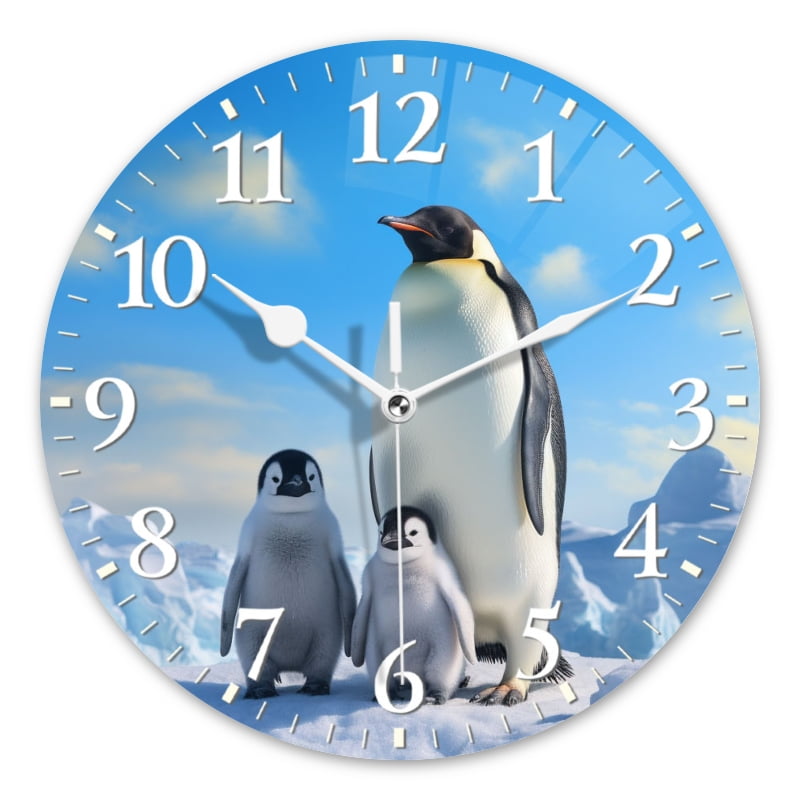Round Wall Clock,Family Of Penguins Standing On Ice Floe,Silent Non ...