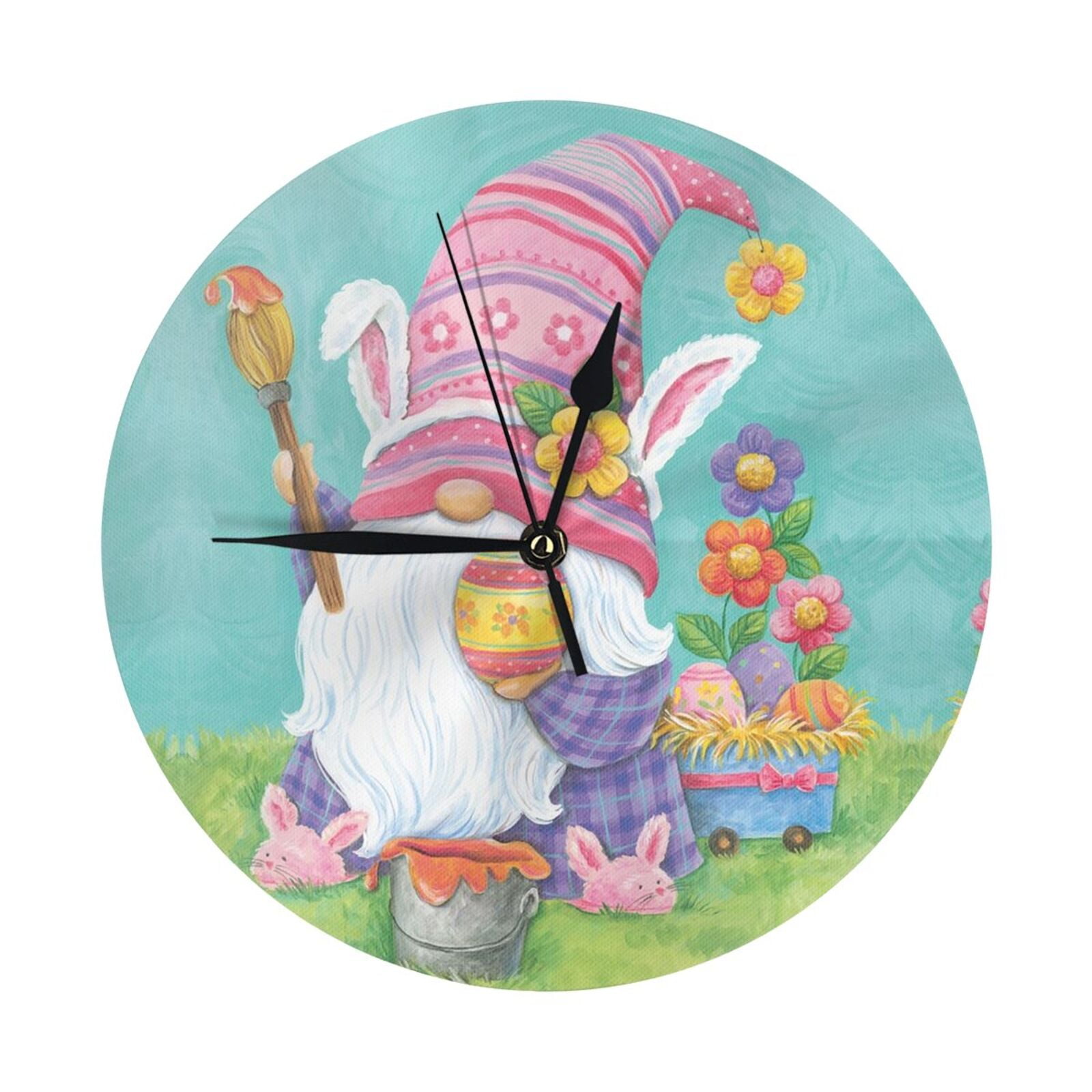 Round Wall Clock Gnome Easter Eggs Printed Decorative & Creative Dual ...