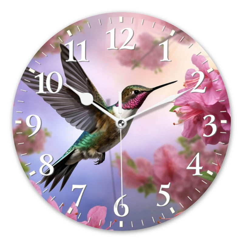 Round Wall Clock,Hummingbird Hovering Near Pink Azaleas (2),Silent Non ...