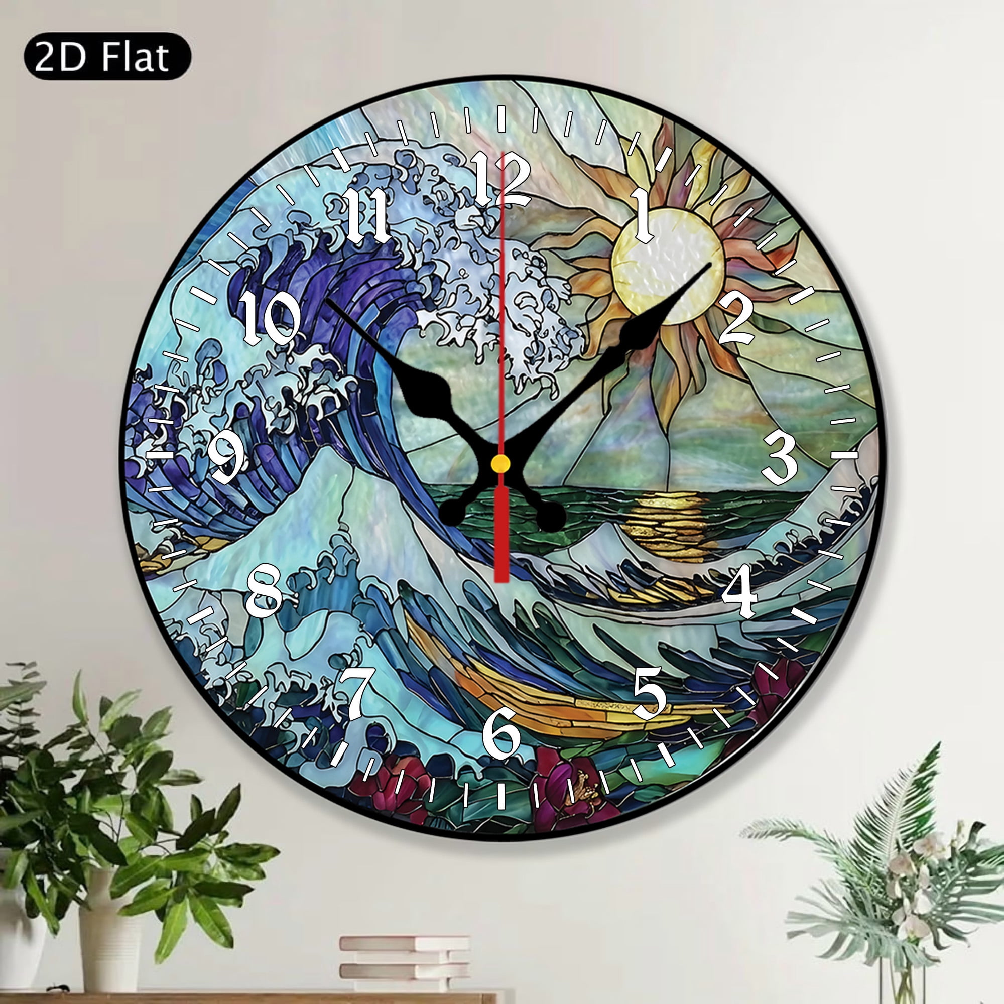 Round Wall Clock MDF Wood Ocean Wave Sun Mountain Sea Scene Art Great ...