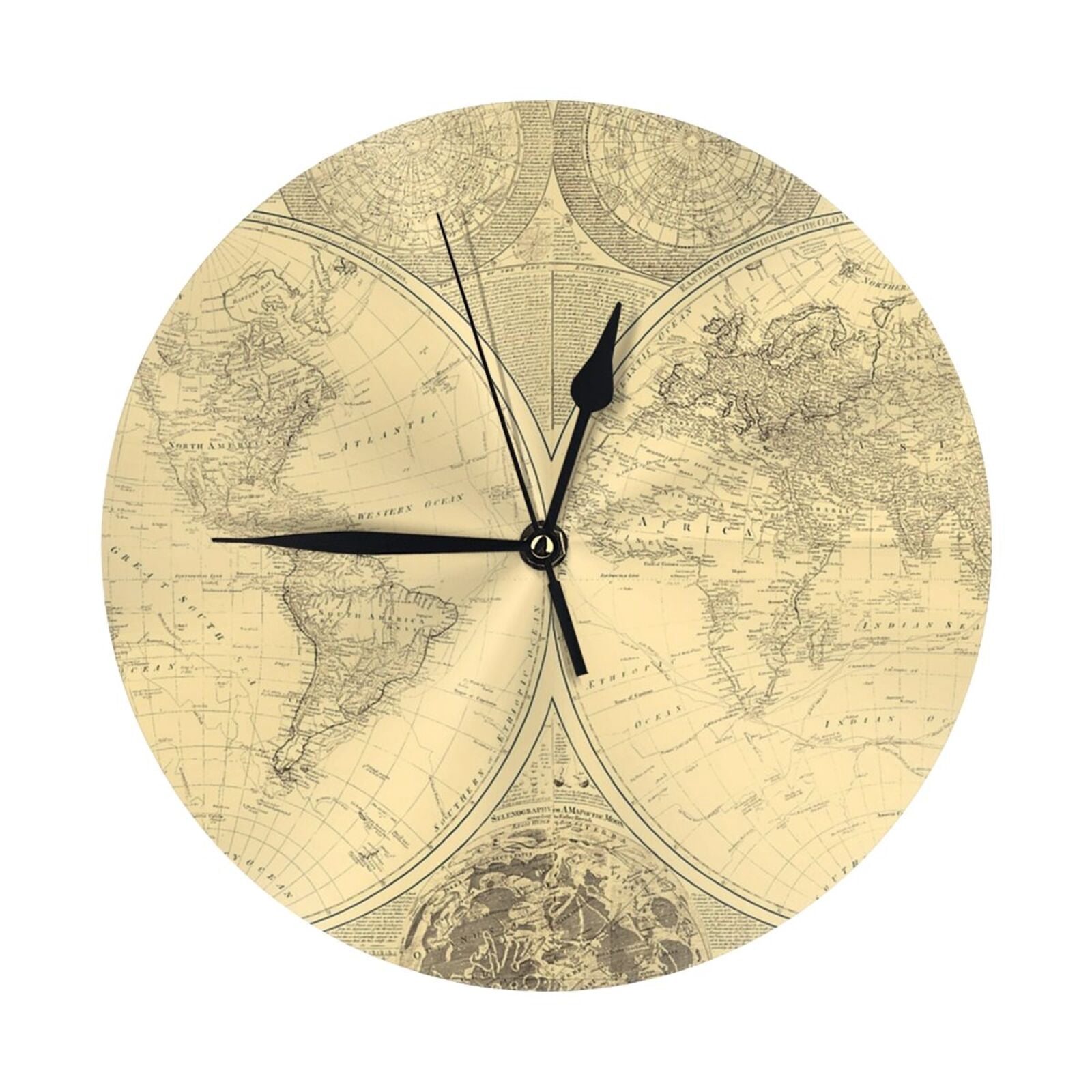 Round Wall Clock Map Old World Printed Decorative & Creative Dual ...