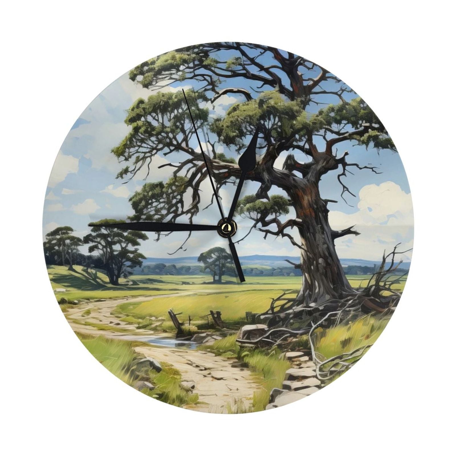 Round Wall Clock Oak Tree Growing Along A Path Printed Decorative ...