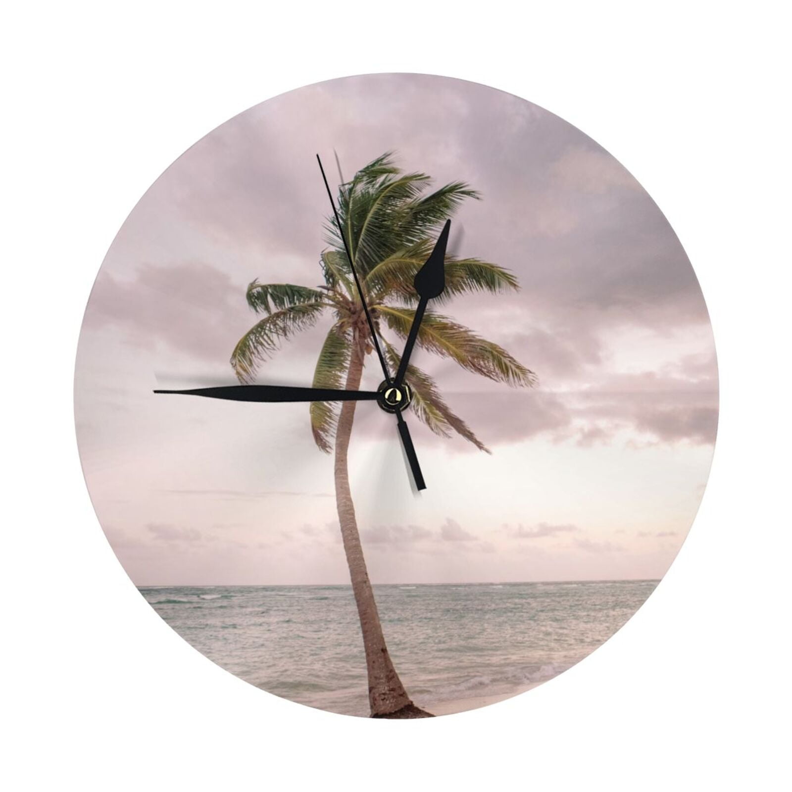 Round Wall Clock A Palm Tree On A Beach With The Ocean Printed ...
