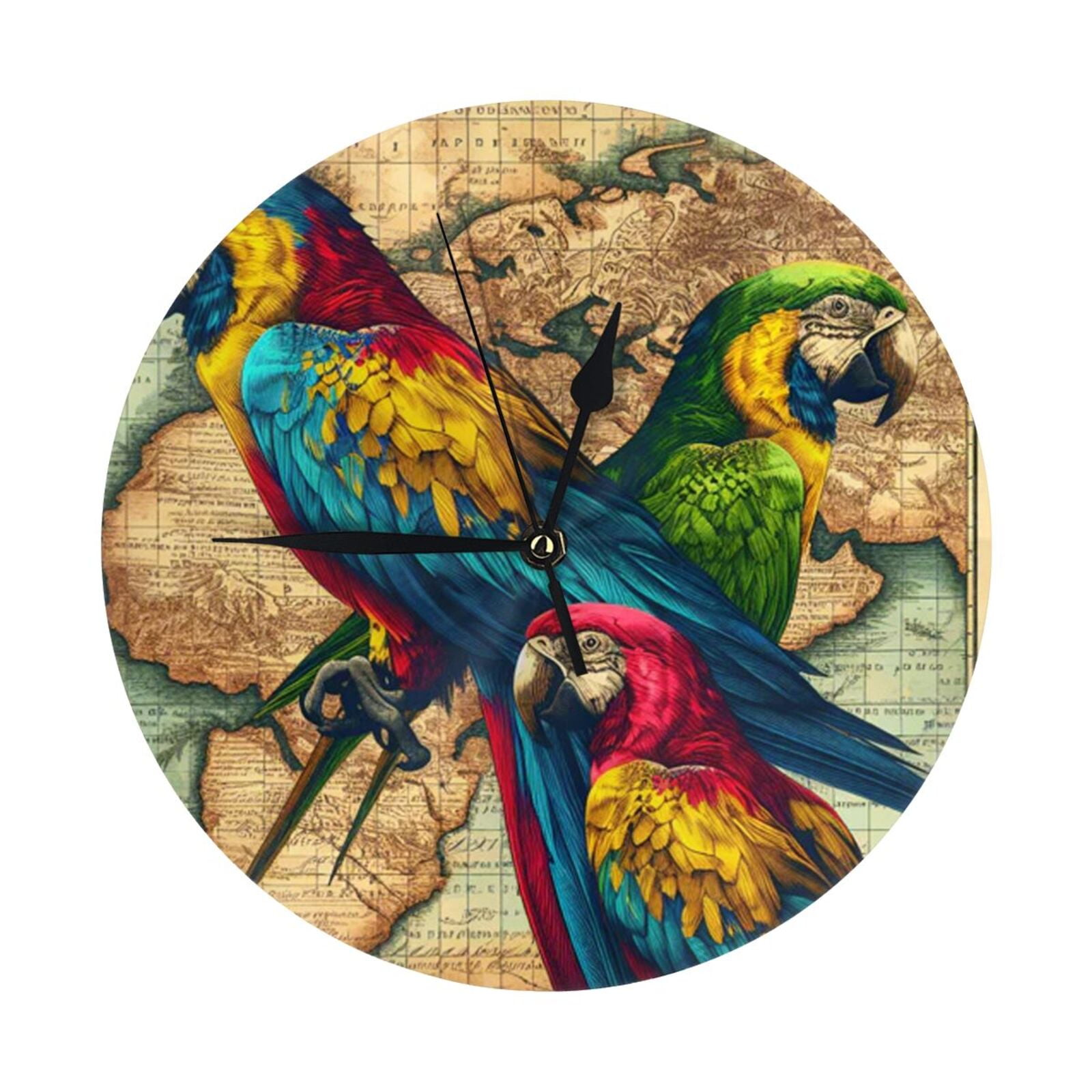 Round Wall Clock Parrot Vintage World Map Printed Decorative & Creative ...