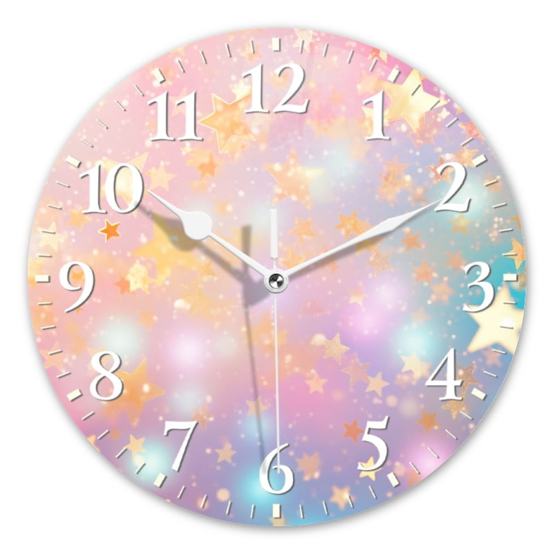 Round Wall Clock,Pastel Rainbow Background With Twinkling Golden Stars ...