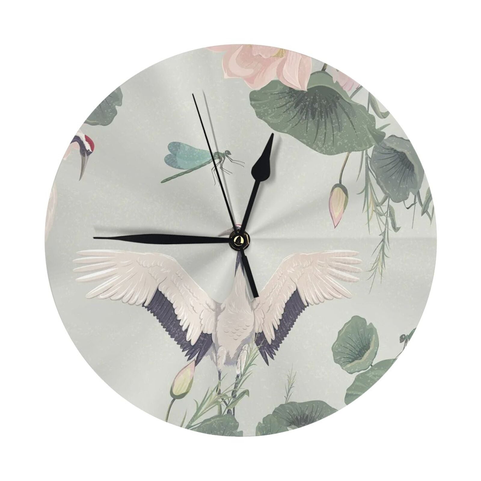Round Wall Clock Pink Lotus Flower And White Stork Printed Decorative ...
