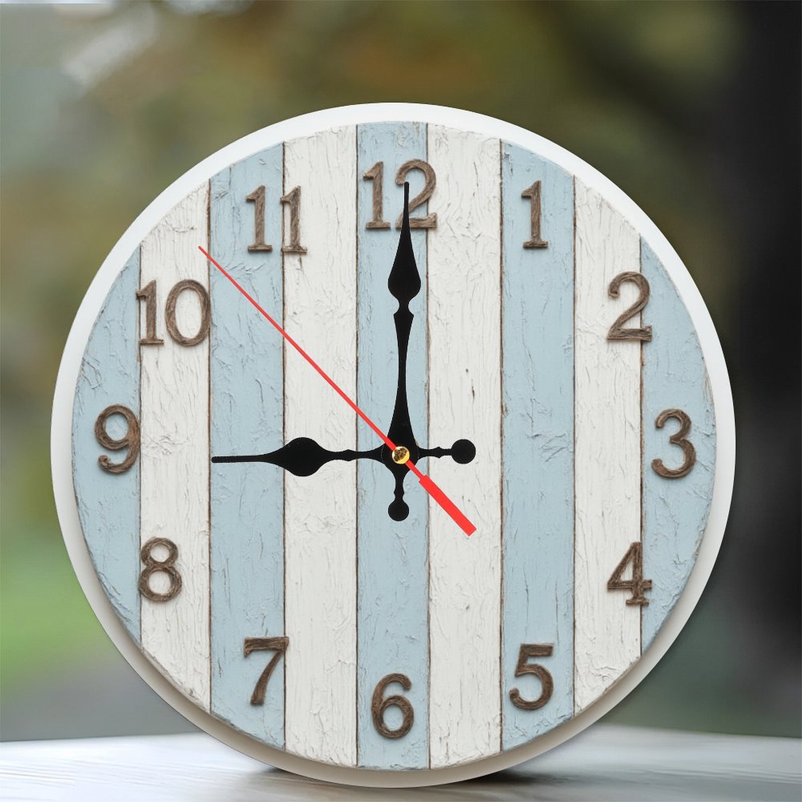 Round Wall Clock Rustic Blue White Wood Striped Design Home Decor 10 ...
