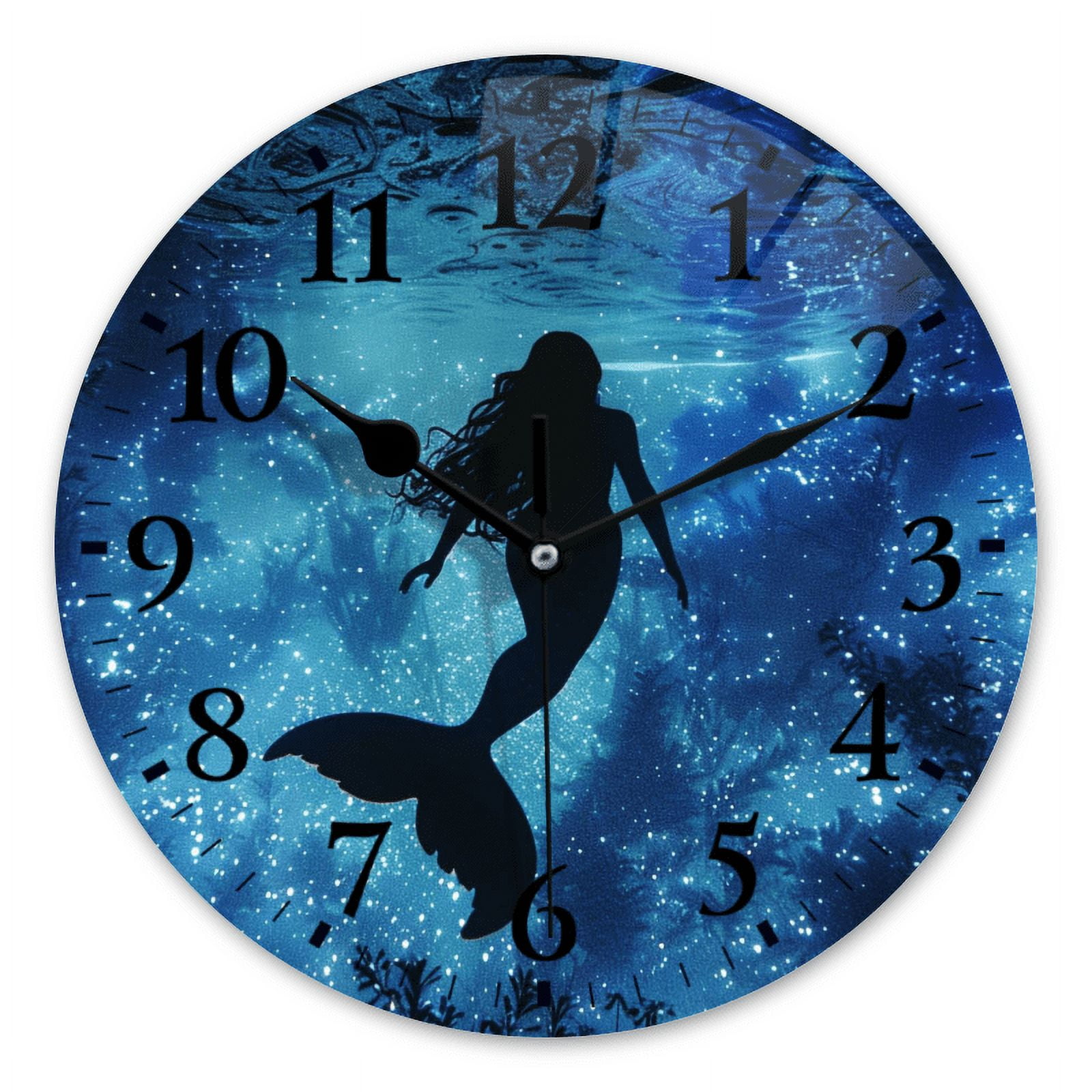 Round Wall Clock,Silhouette Of Mermaid Swimming In The Deep Blue Sea ...