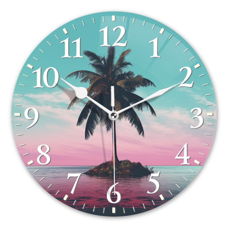 Round Wall Clock,Small Tropical Island With Palm Tree In The Ocean ...