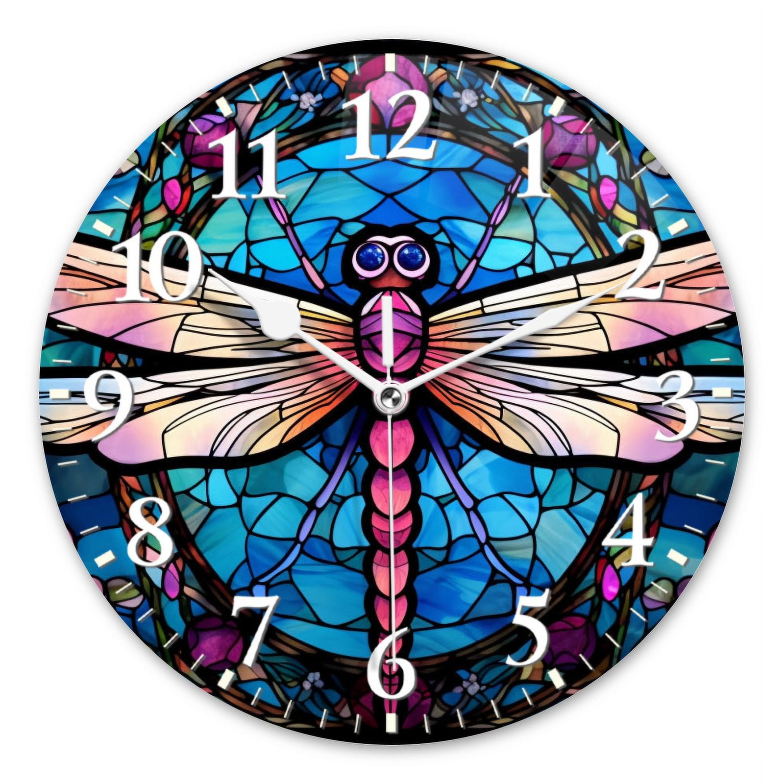 Round Wall Clock,Stained Glass Of Pink Dragonfly With Flowers In The ...