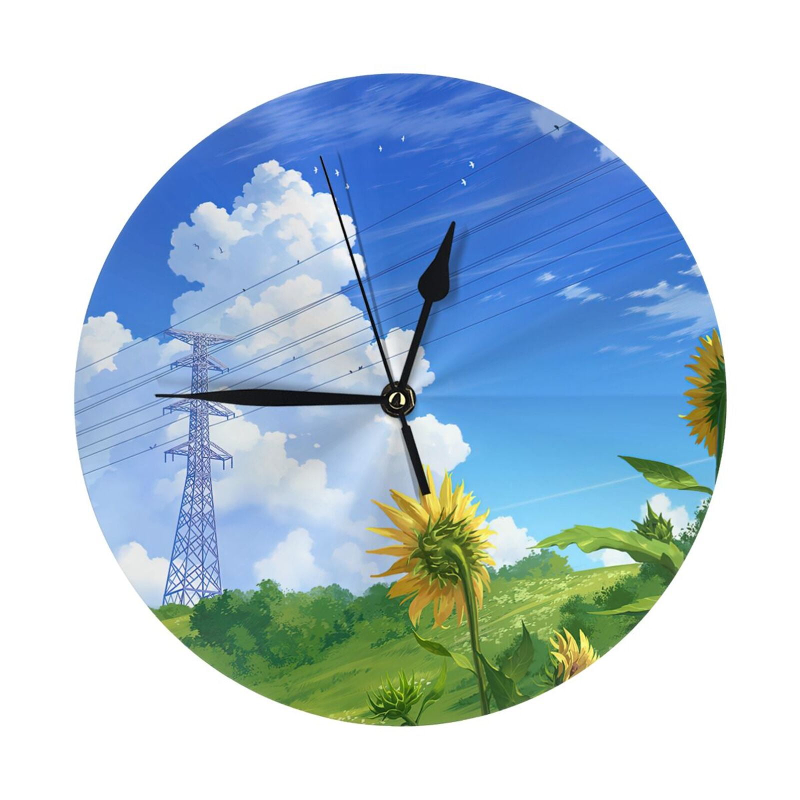 Round Wall Clock Summer Day Sunflower Anime Scenery Printed Decorative ...
