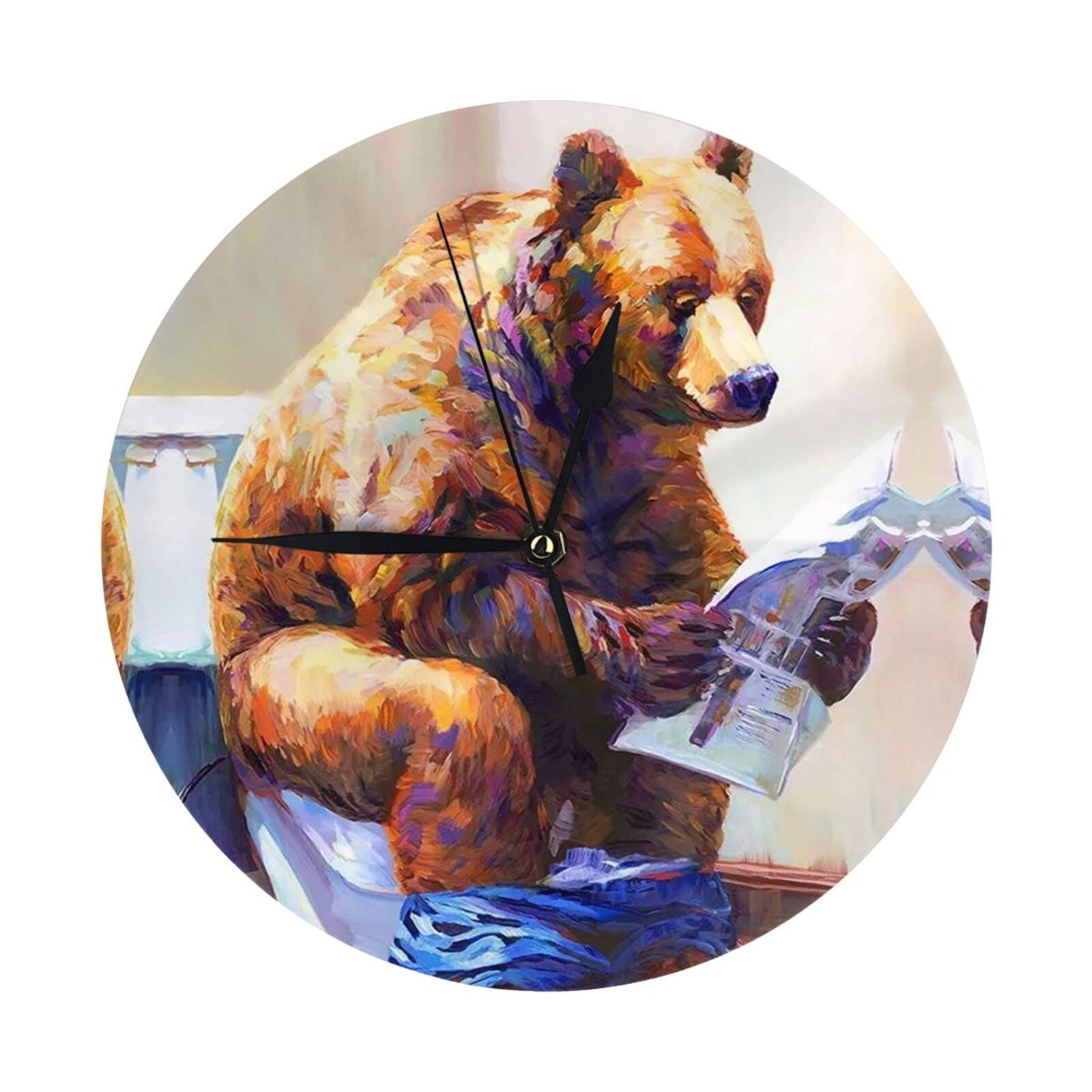 Round Wall Clock The Bear In The Toilet Printed Decorative & Creative ...