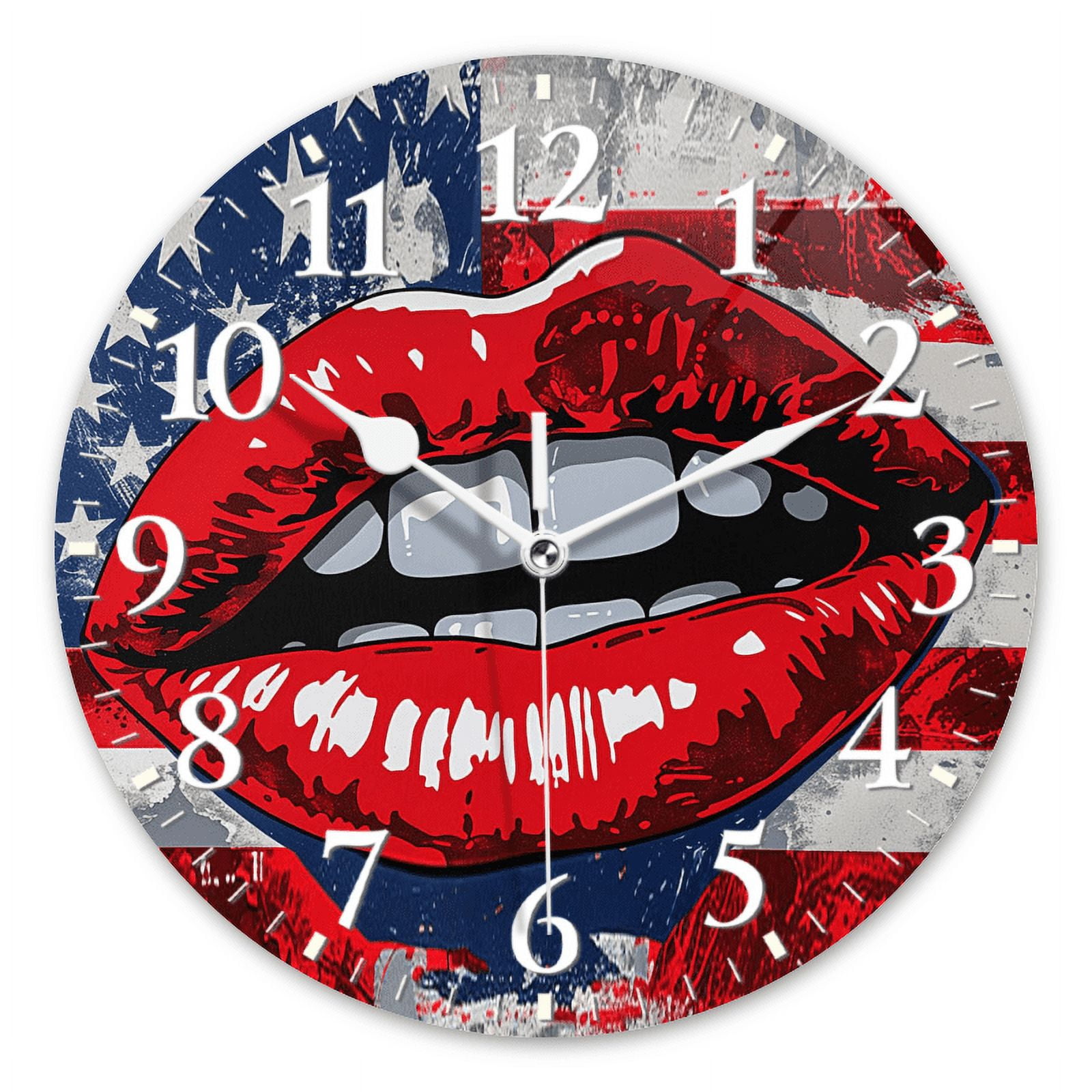 Round Wall Clock,The Red Lips With Mouth Open On American Flag,Silent ...