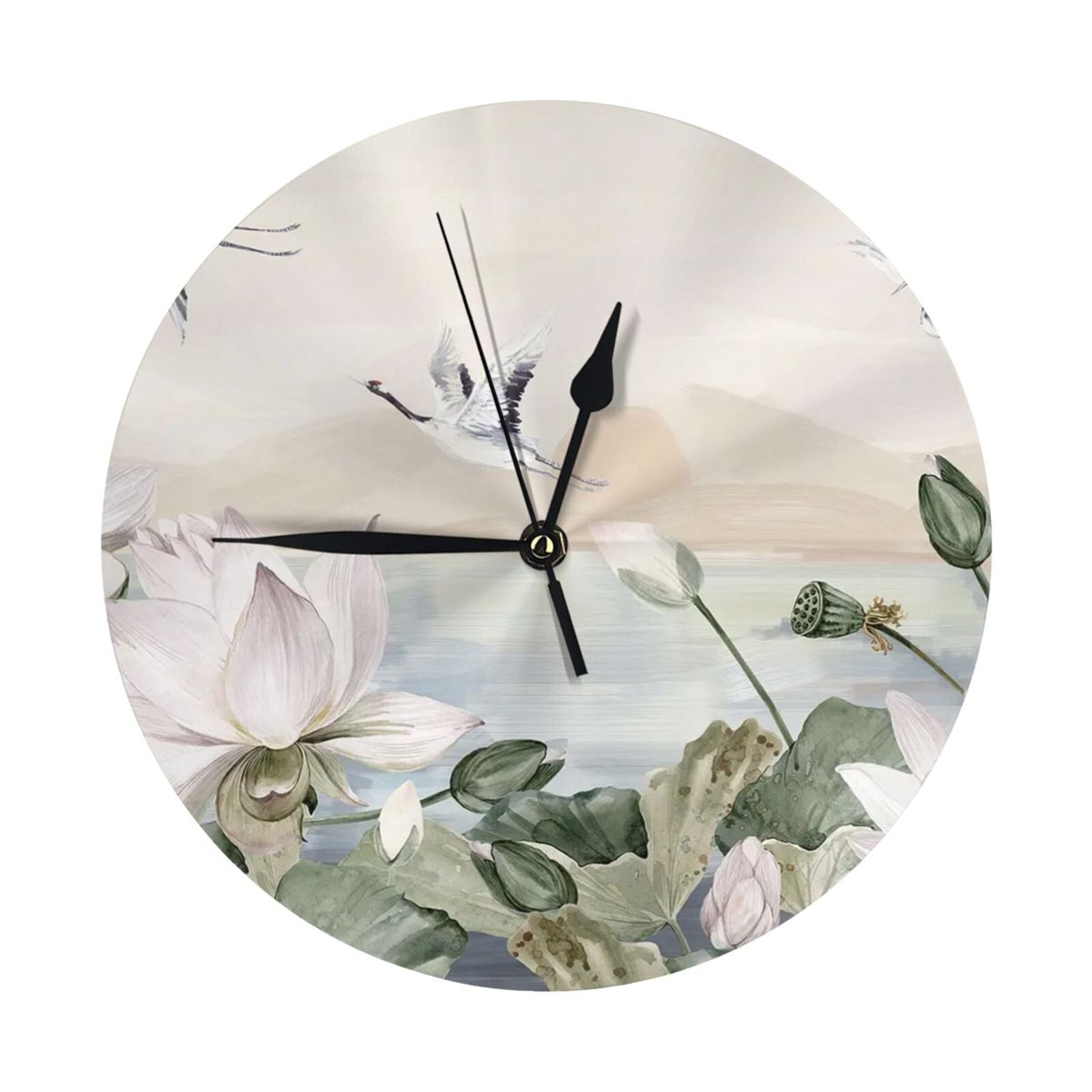 Round Wall Clock White Lotus Floral And Crane Birds Printed Decorative ...